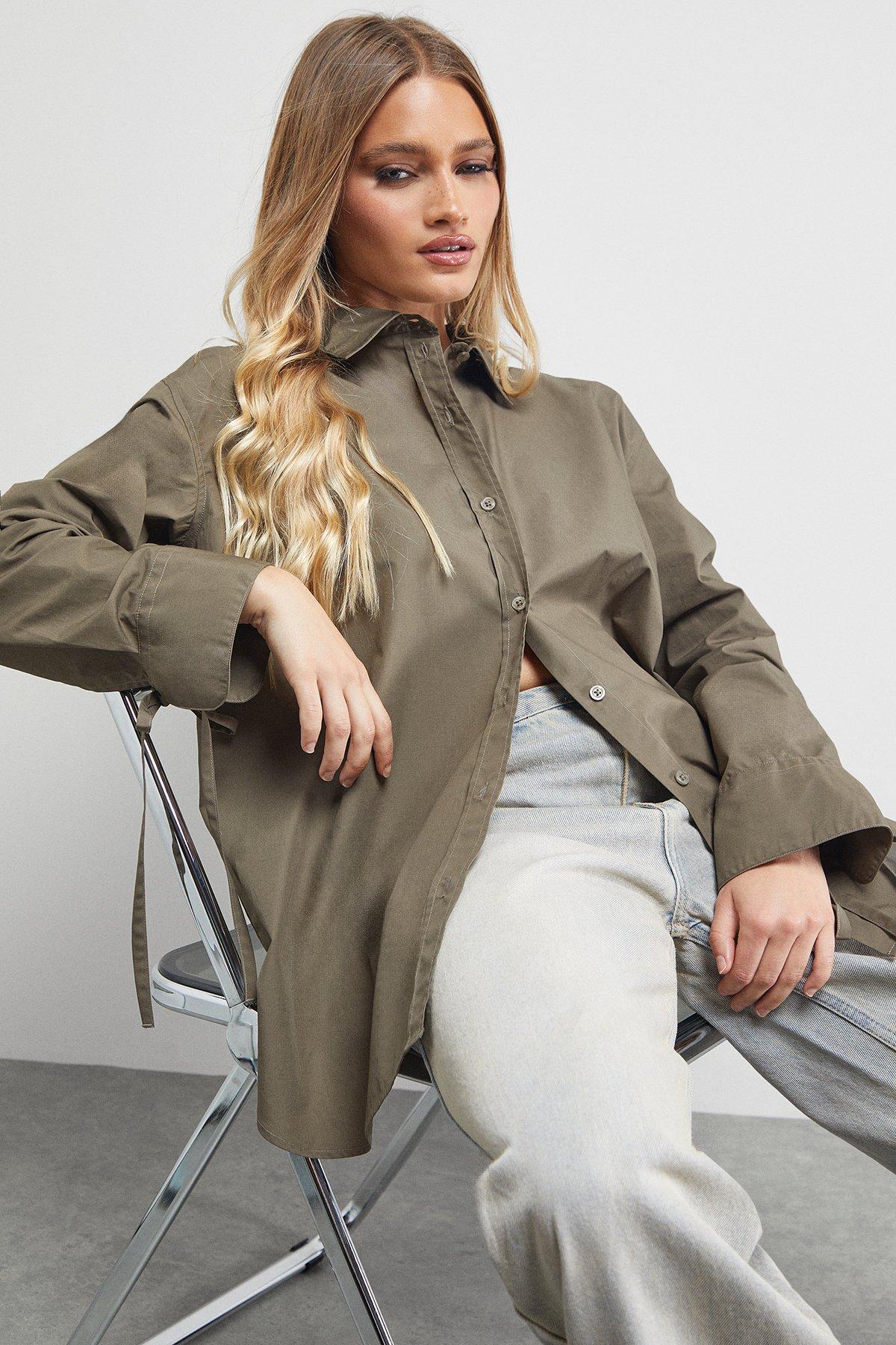 Warehouse Olive Oversized Bow Back Shirt | PrettyLittleThing