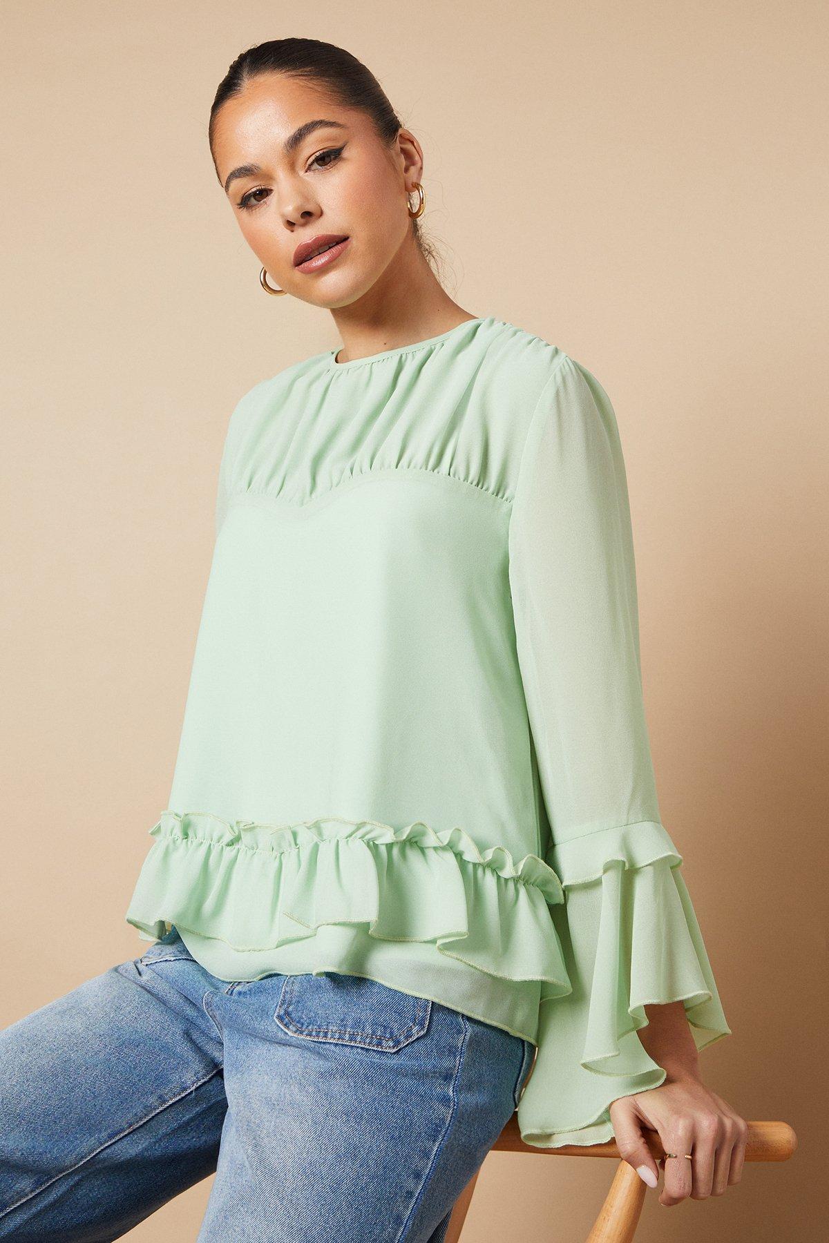 Oasis Mint Ruched Waist 3/4 Sleeve Blouse | PrettyLittleThing