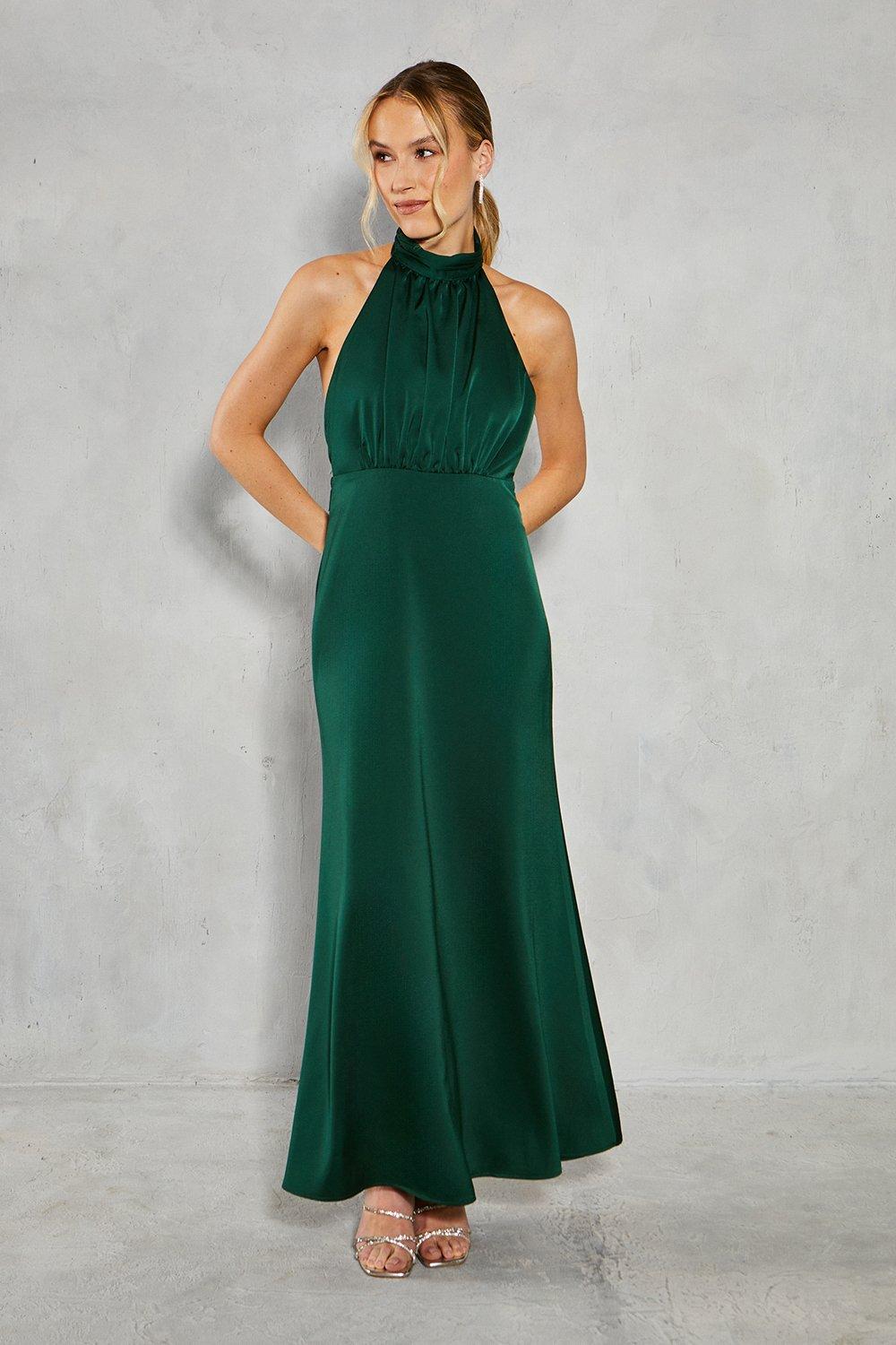 Oasis Emerald Satin Halter Bias Cut Maxi Bridesmaids Dress ...