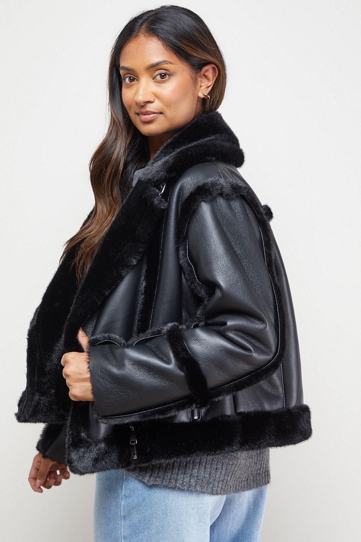 Oasis Black Shearling PU Aviator Jacket | PLT