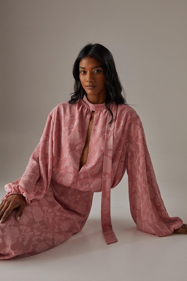 Warehouse Pink Chiffon Jacquard High Neck Slash Front Blouse ...