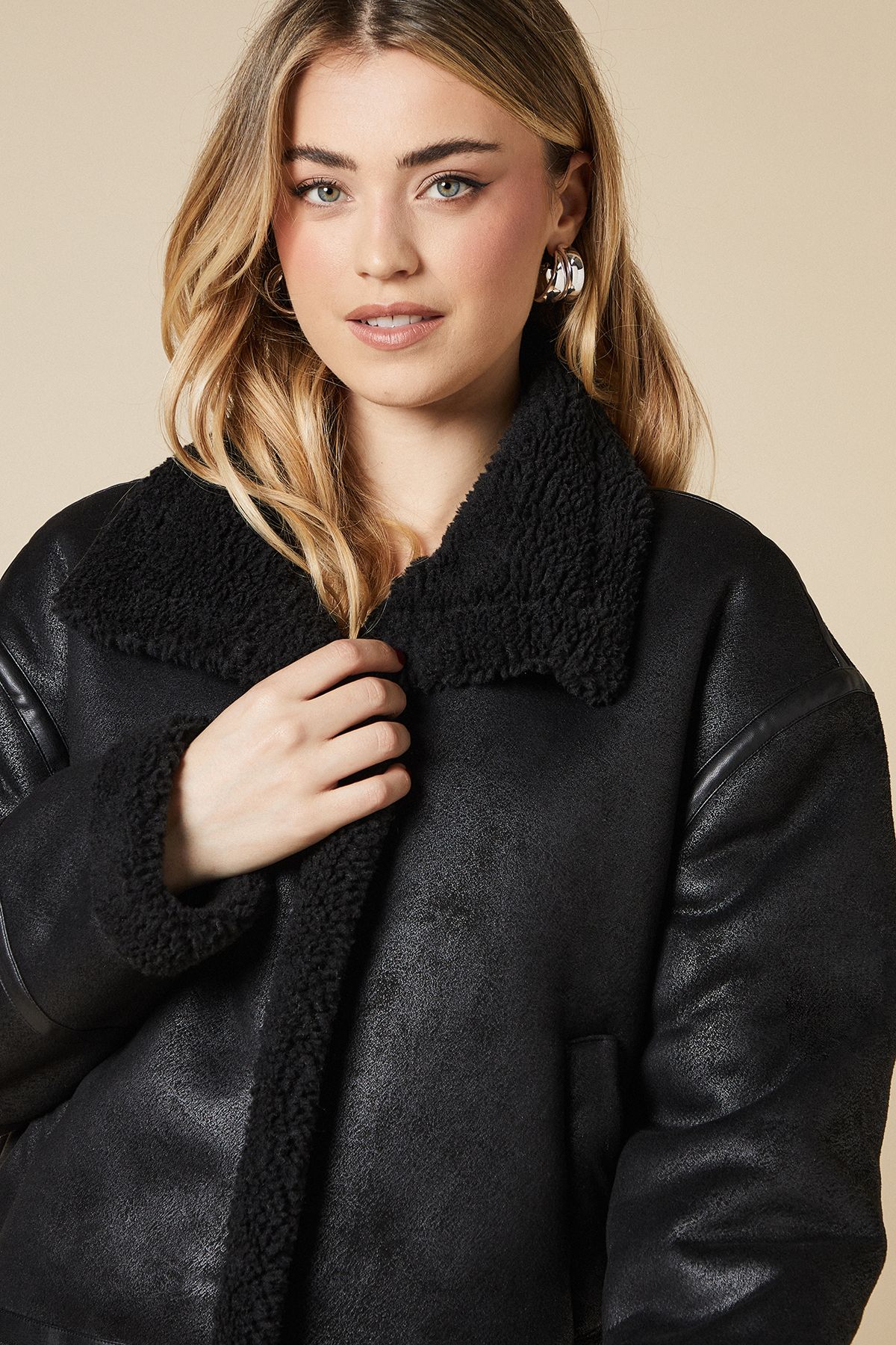 Dorothy Perkins Black Zip Through Borg Aviator Jacket | PLT