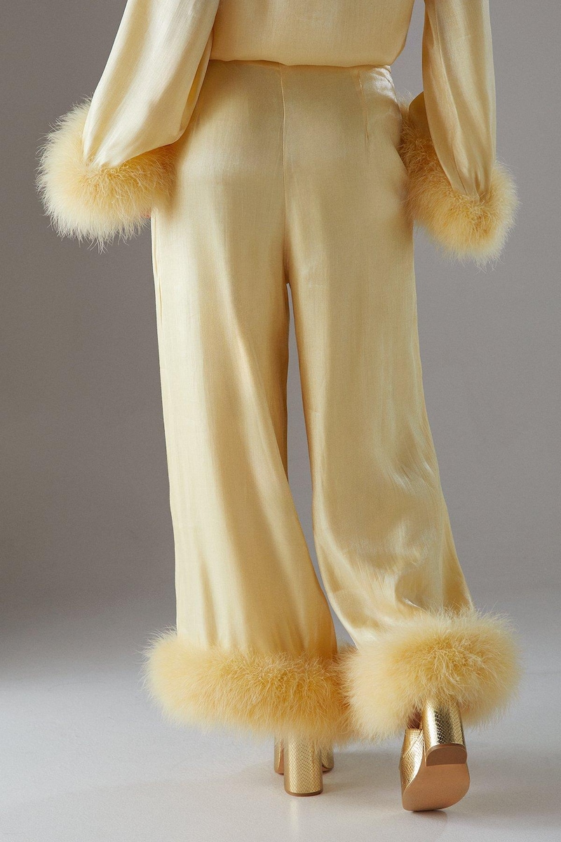 Warehouse Lemon Petite Premium Iridescent Feather Cuff Wide Leg Trouser ...