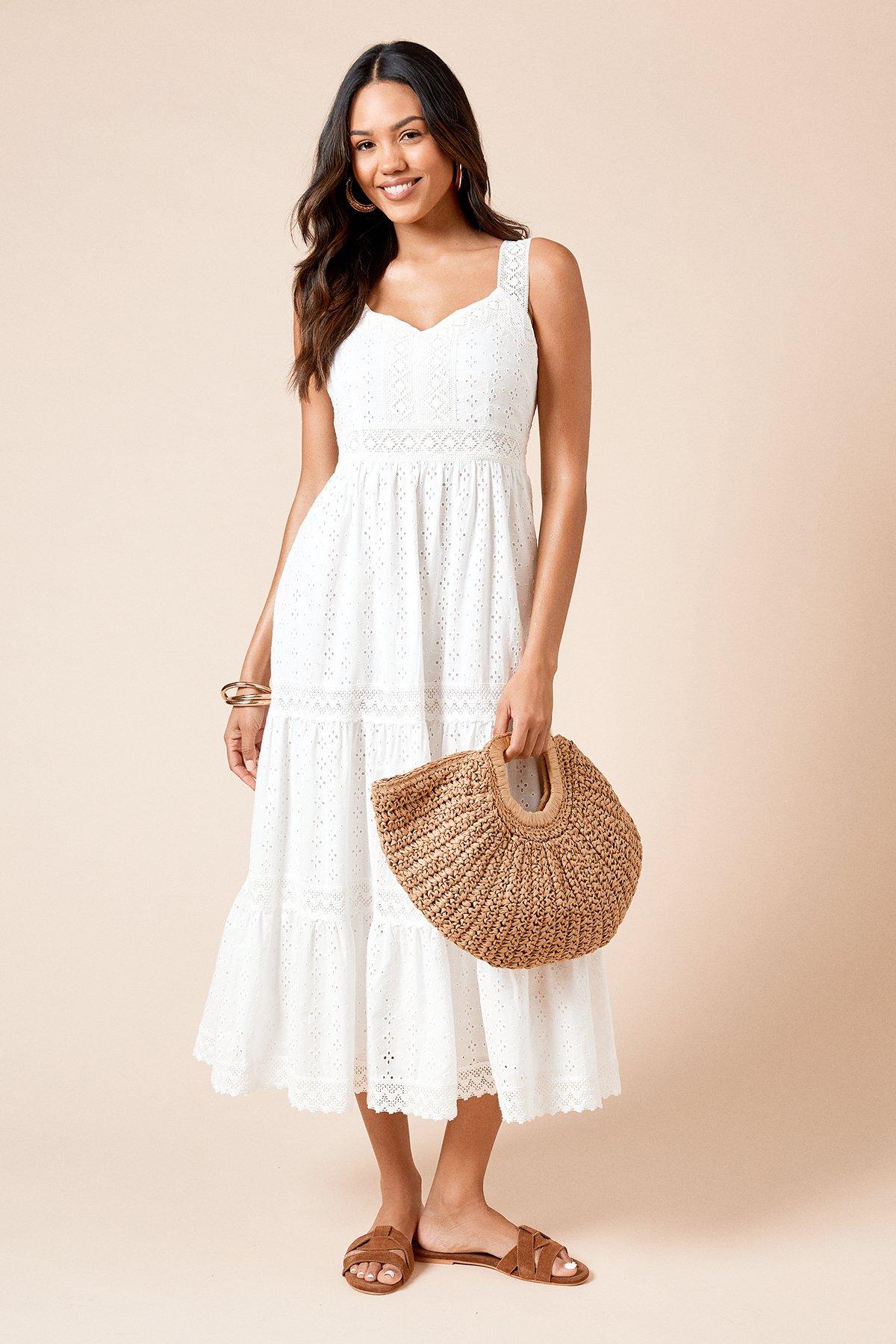 Dorothy Perkins White White Lace Insert Broderie Strappy Midi Dress | PLT