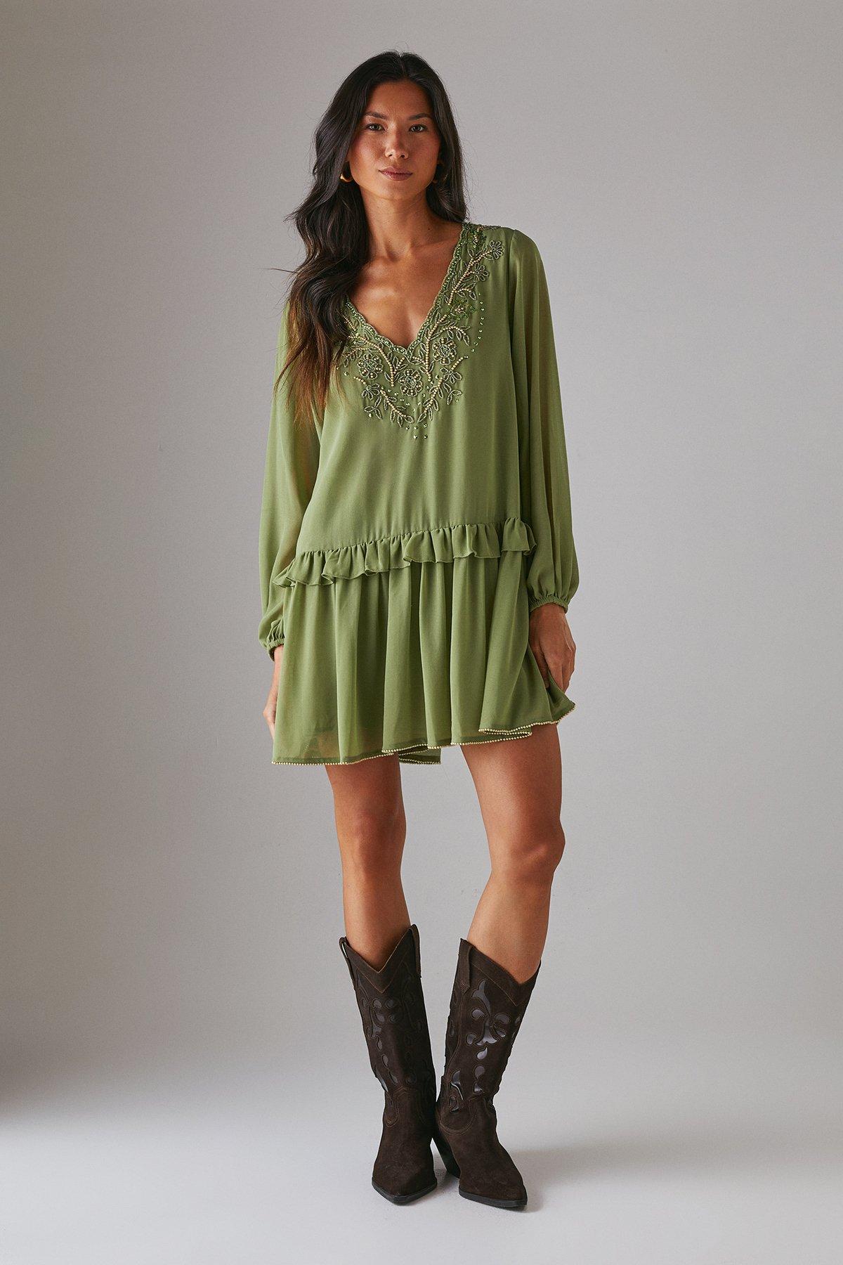 Warehouse Khaki Hand Embellished Chiffon Sequin Mini Smock Dress | PLT