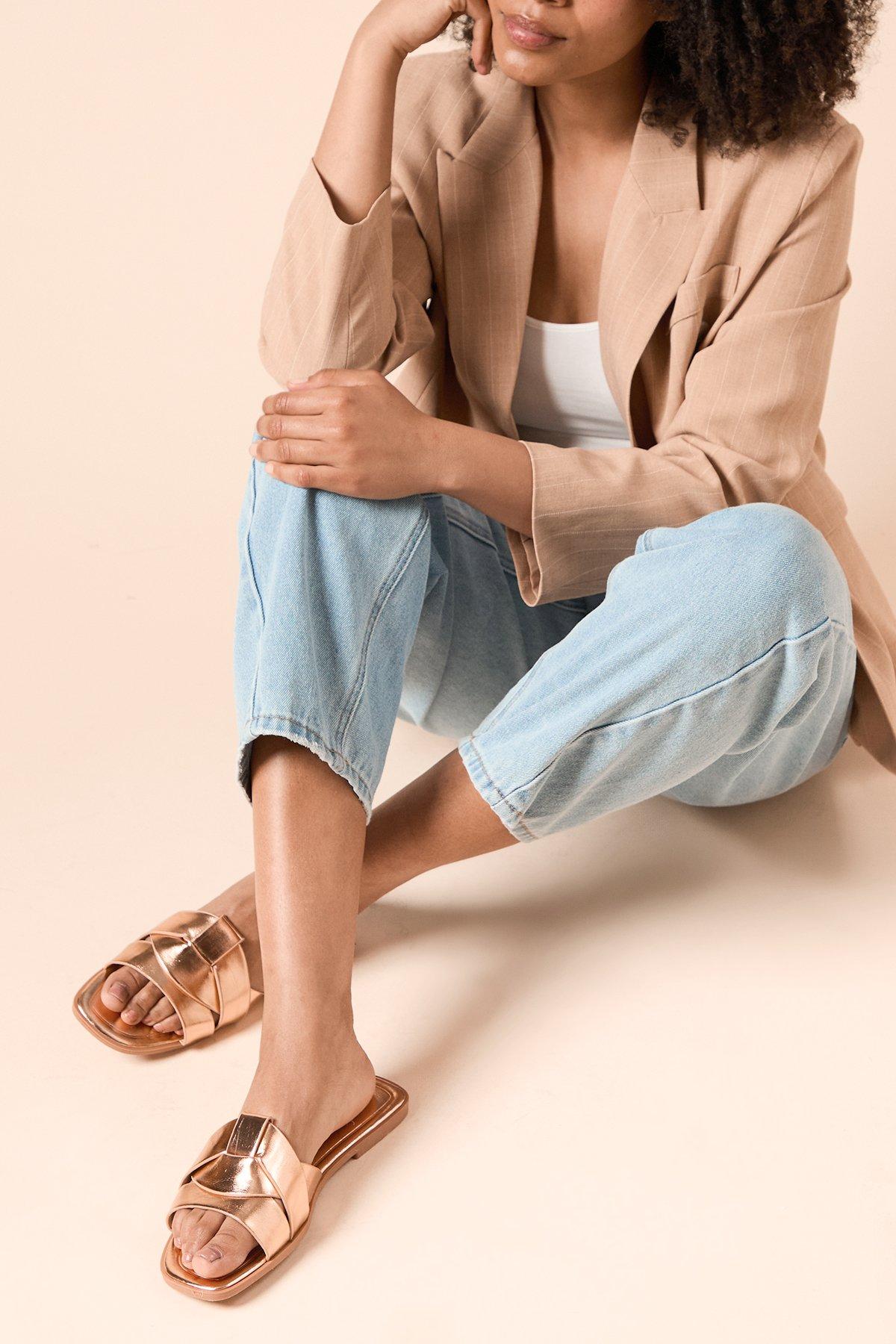 Dorothy Perkins Rose Gold Felicity Faux Metallic Leather Sliders ...