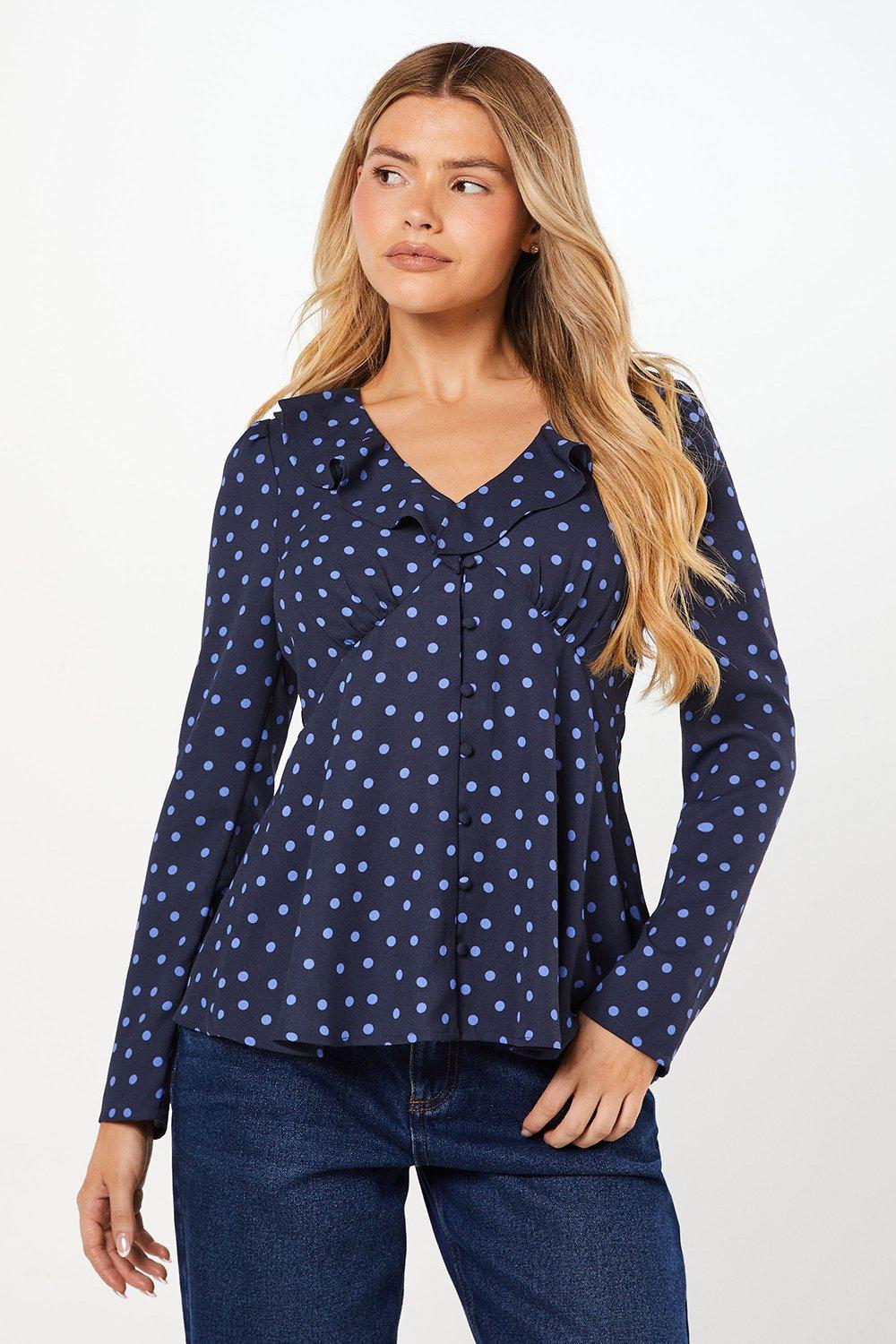 Dorothy Perkins Blue Blue Spot Ruffle Neck Long Sleeve Button Front Tea ...