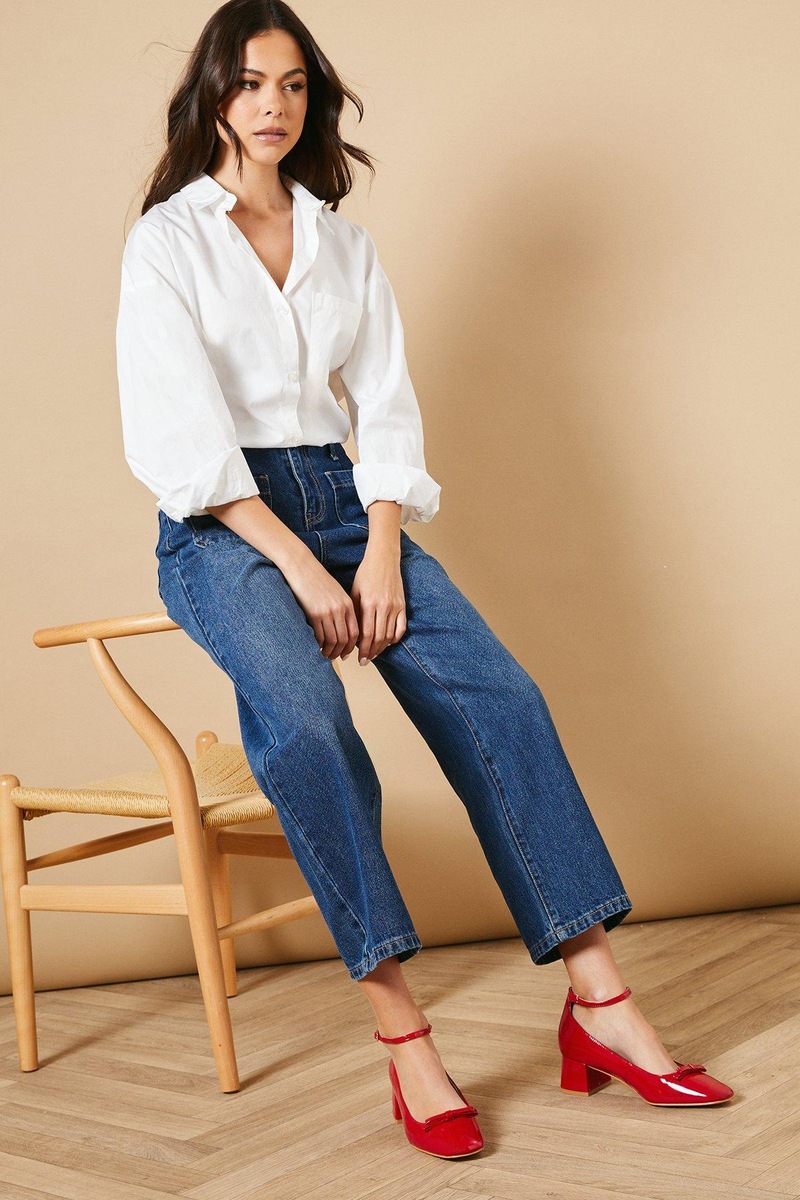 Oasis Red Debbie Faux Patent Leather Bow Detail Low Block Heel Court ...