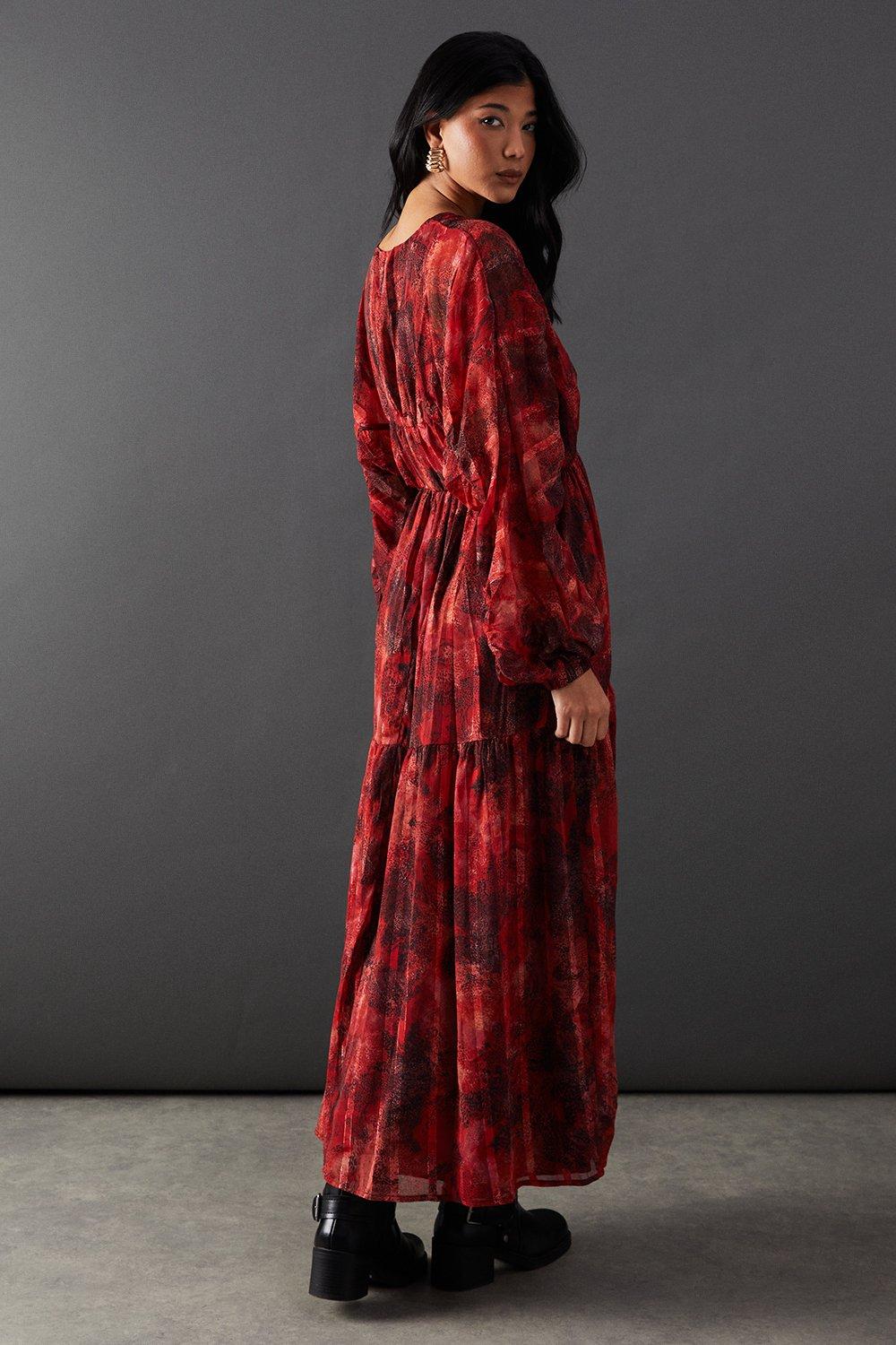 Warehouse Red Shadow Stripe Chiffon Plunge Neck Tier Midi Dress ...