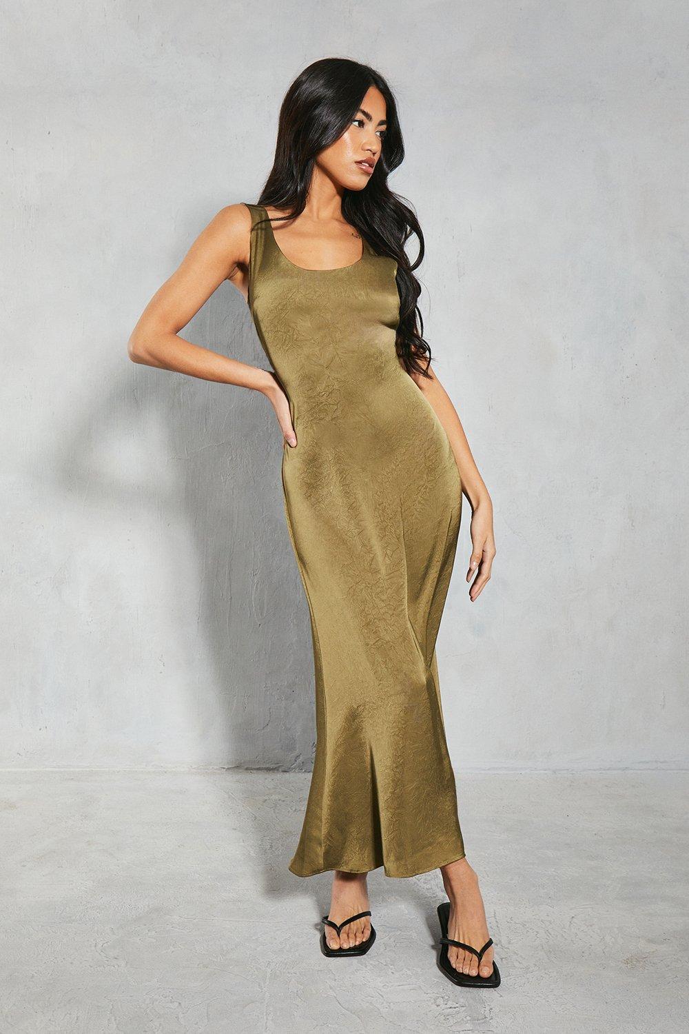 MissPap Khaki Crinkle Satin Scoop Neck Midaxi Dress | PrettyLittleThing