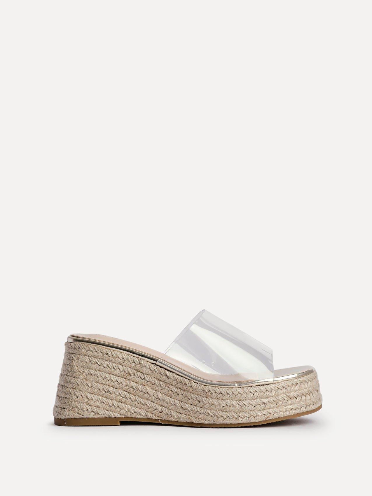 Linzi Gold Espresso Perspex Espadrille Inspired Mule Wedges | PLT