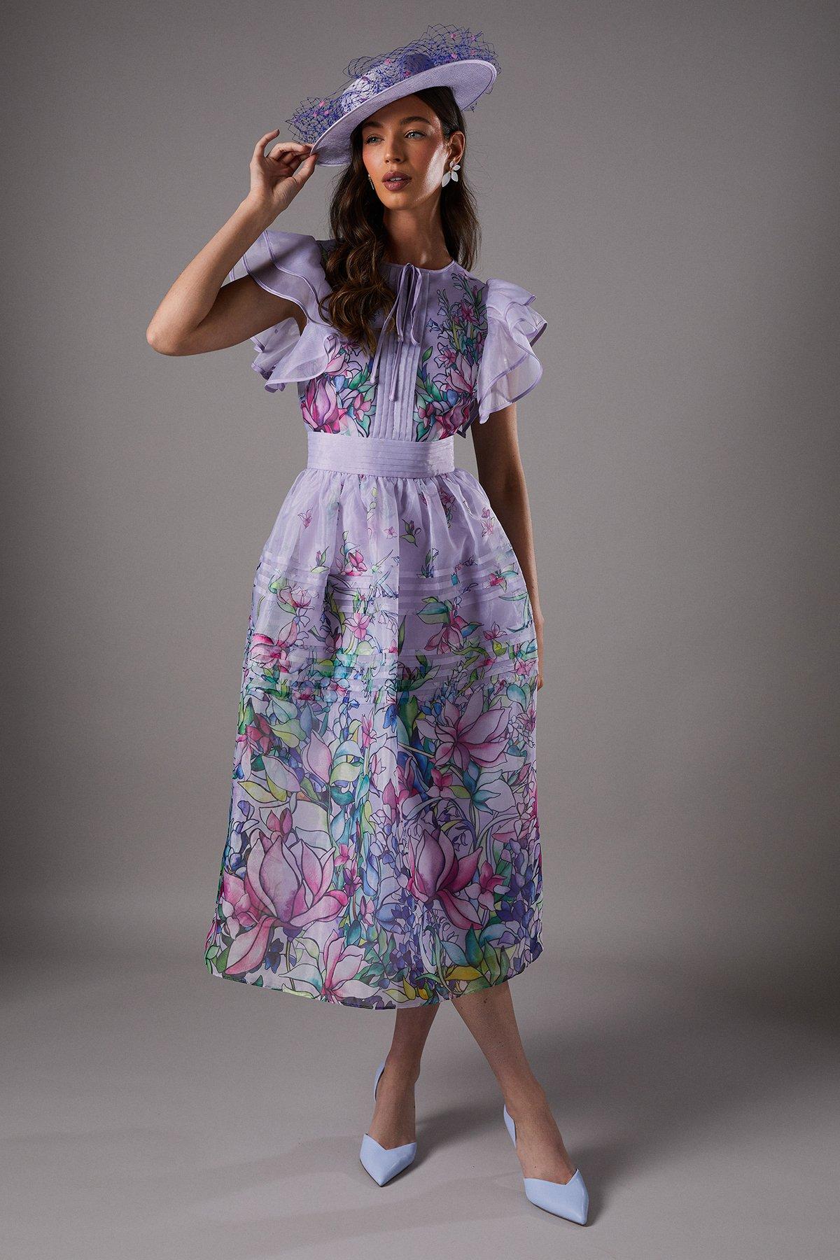 Coast Lilac Lisa Tan Organza Ruffle Printed Midi Dress | PrettyLittleThing