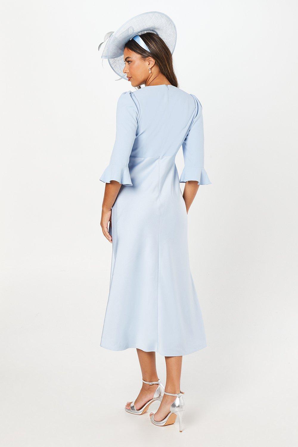 Coast Pale Blue Ruffle Sleeve Satin Back Crepe Wrap Dress | PLT