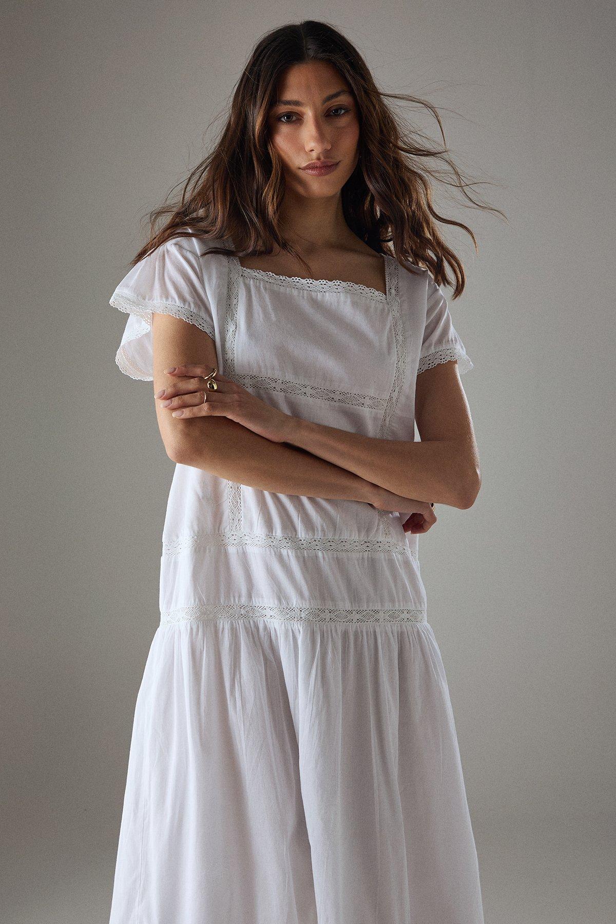 Warehouse White Cotton Lace Square Neck Midi Smock Dress ...