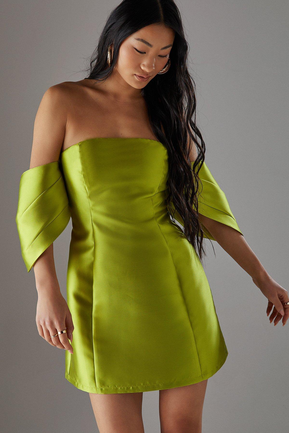 Warehouse Chartreuse Petite Structured Puff Sleeve Bardot Mini Dress ...