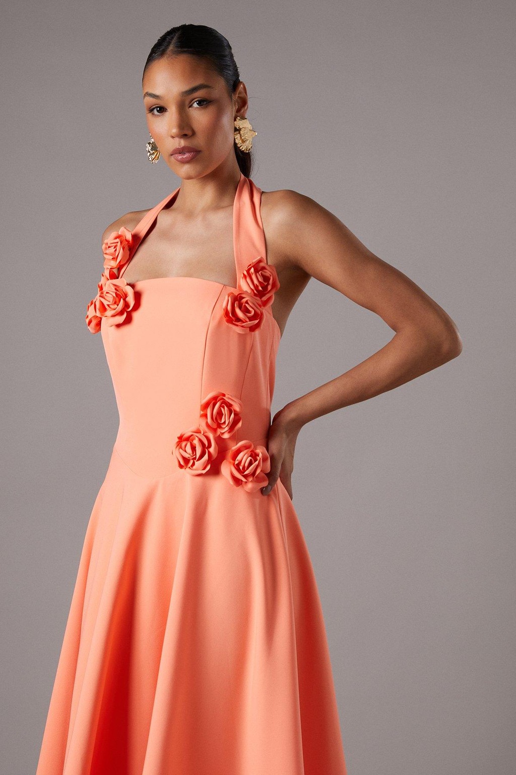 Coast Peach Rosette Halter Midi Dress | PrettyLittleThing