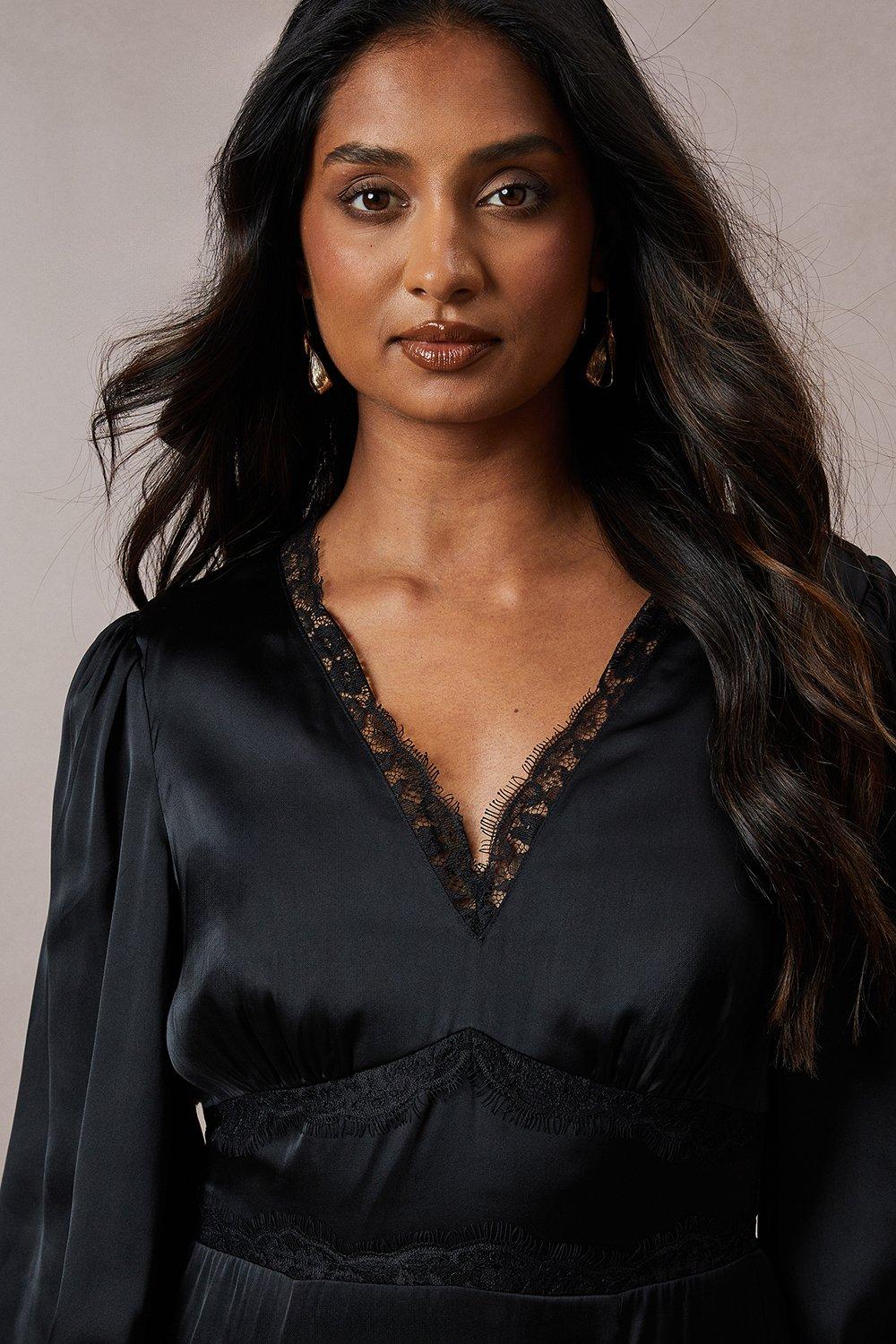 Oasis True Black Lace Insert Satin Midi Dress | PLT