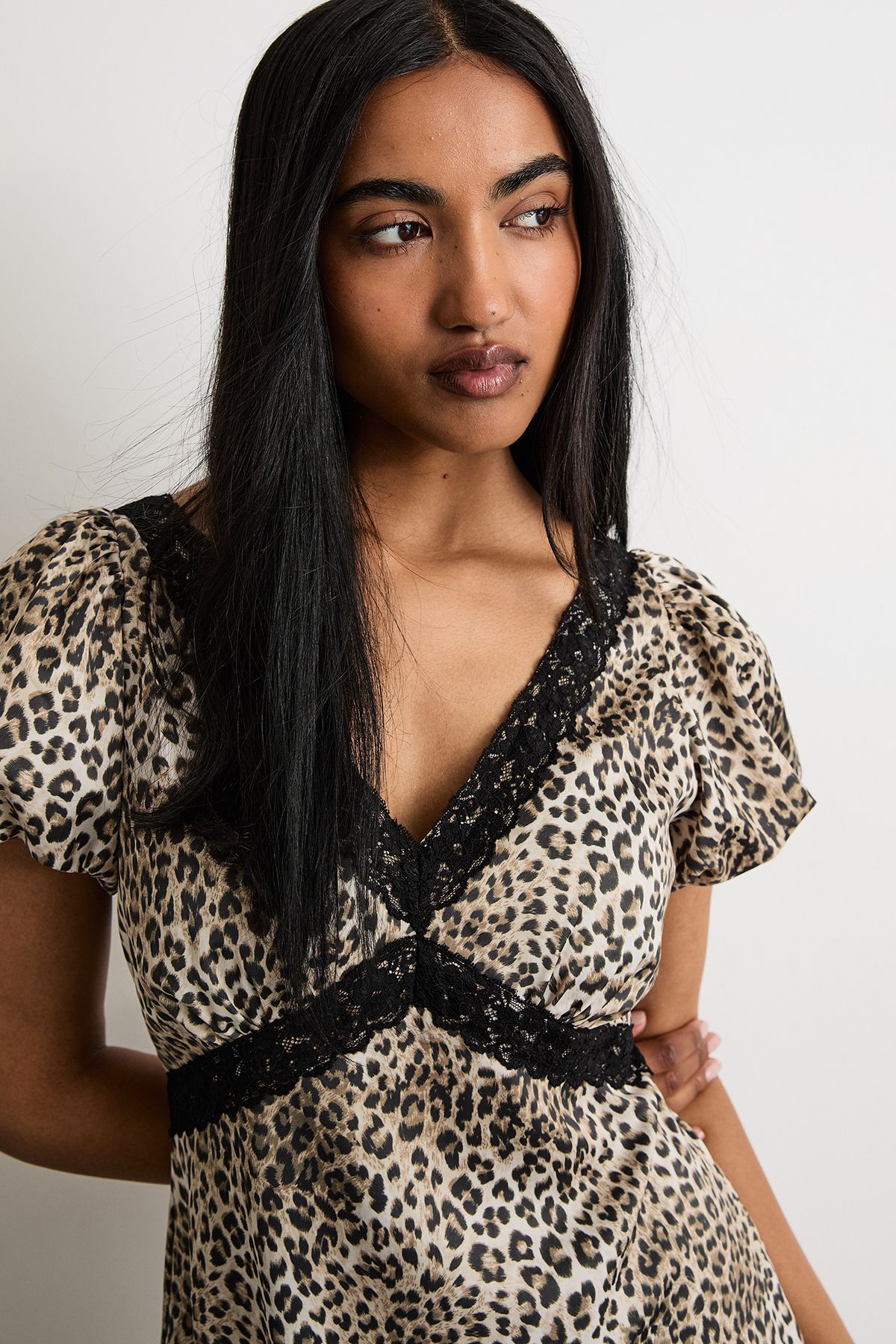 Warehouse Animal Polkadot Puff Sleeve Lace Trim Midi Dress With Split | PLT