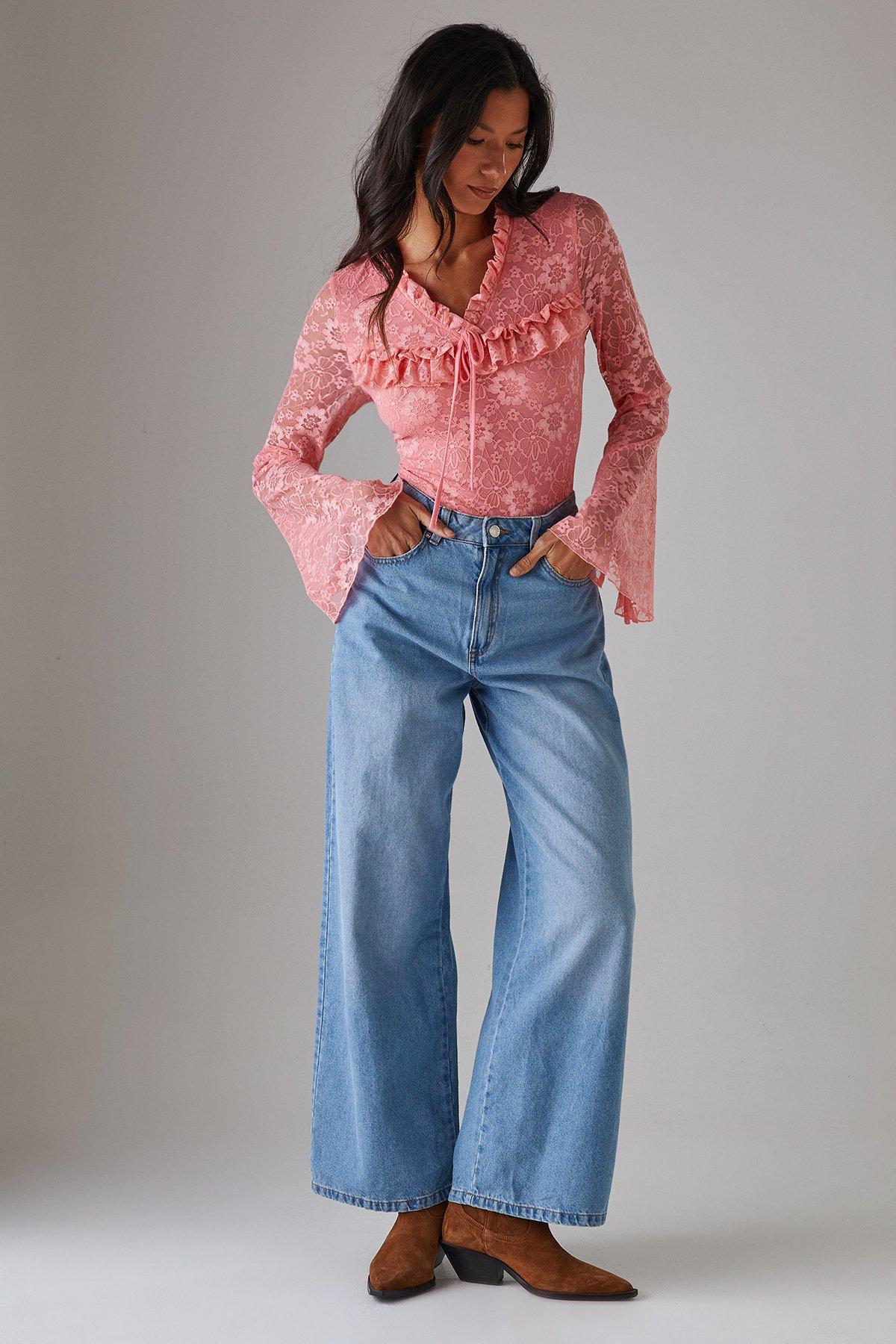 Warehouse Pink Lace Ruffle Yoke Tie Cuff Bodysuit | PrettyLittleThing