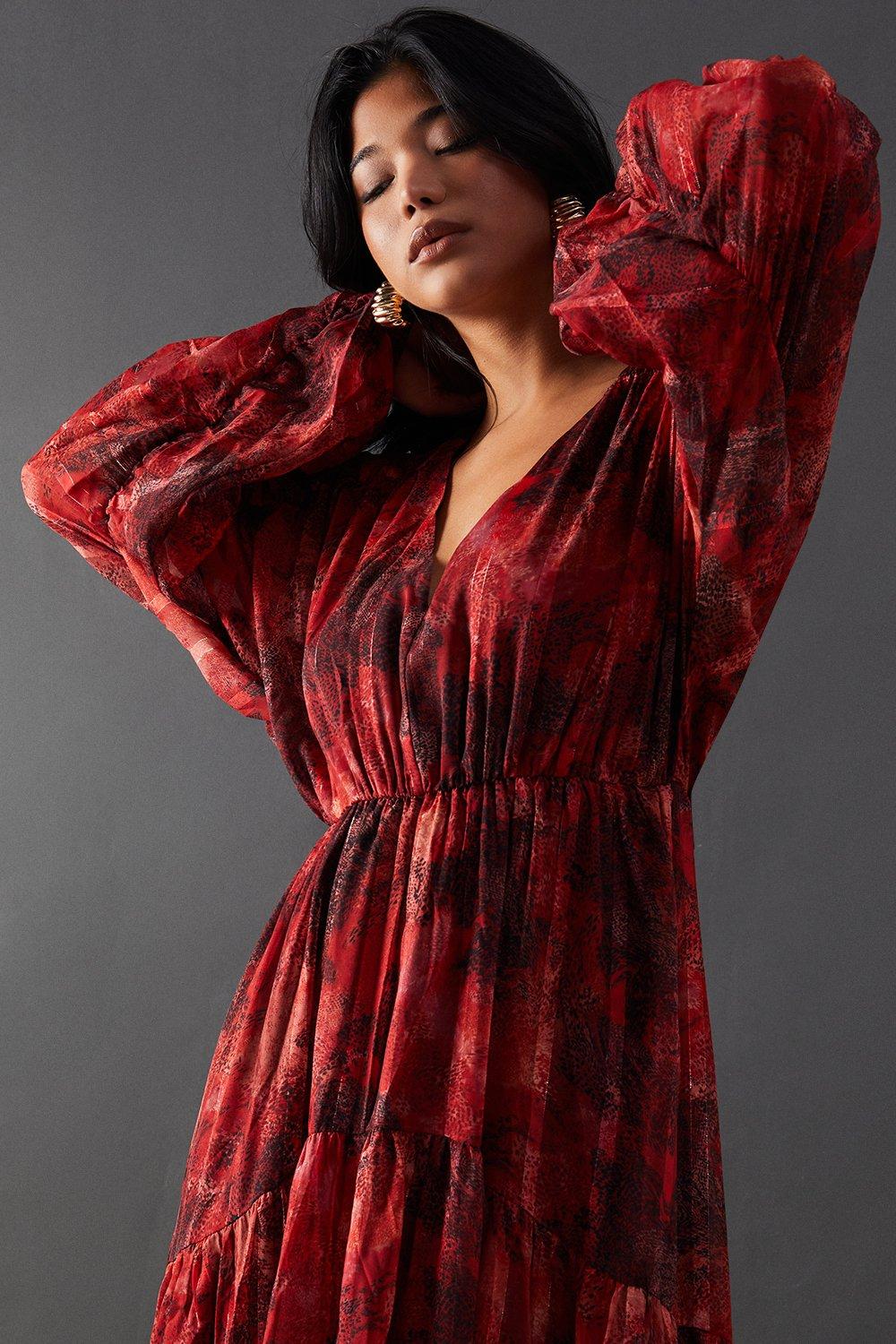 Warehouse Red Shadow Stripe Chiffon Plunge Neck Tier Midi Dress ...