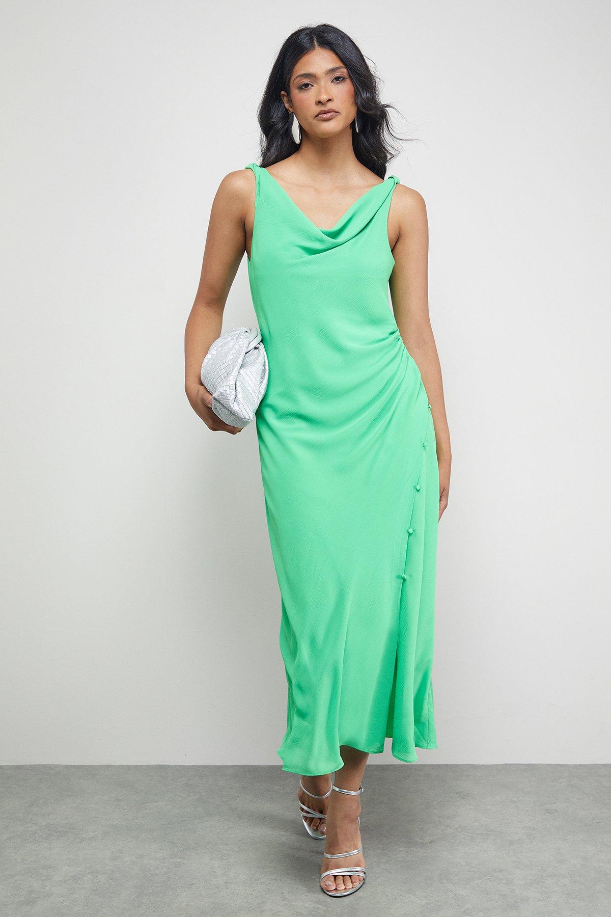 Warehouse Bright Green Tony Chiffon Cowl Button Wrap Midi Slip Dress ...