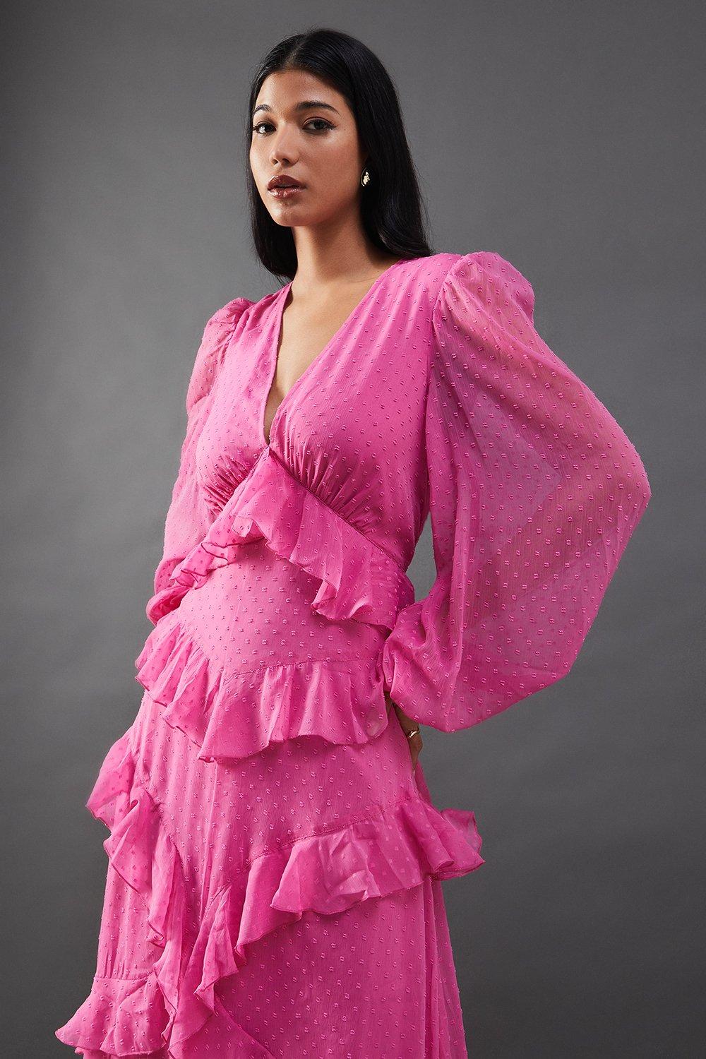 Warehouse Pink Chiffon Plunge Neck Ruffle Detail Volume Sleeve Maxi ...