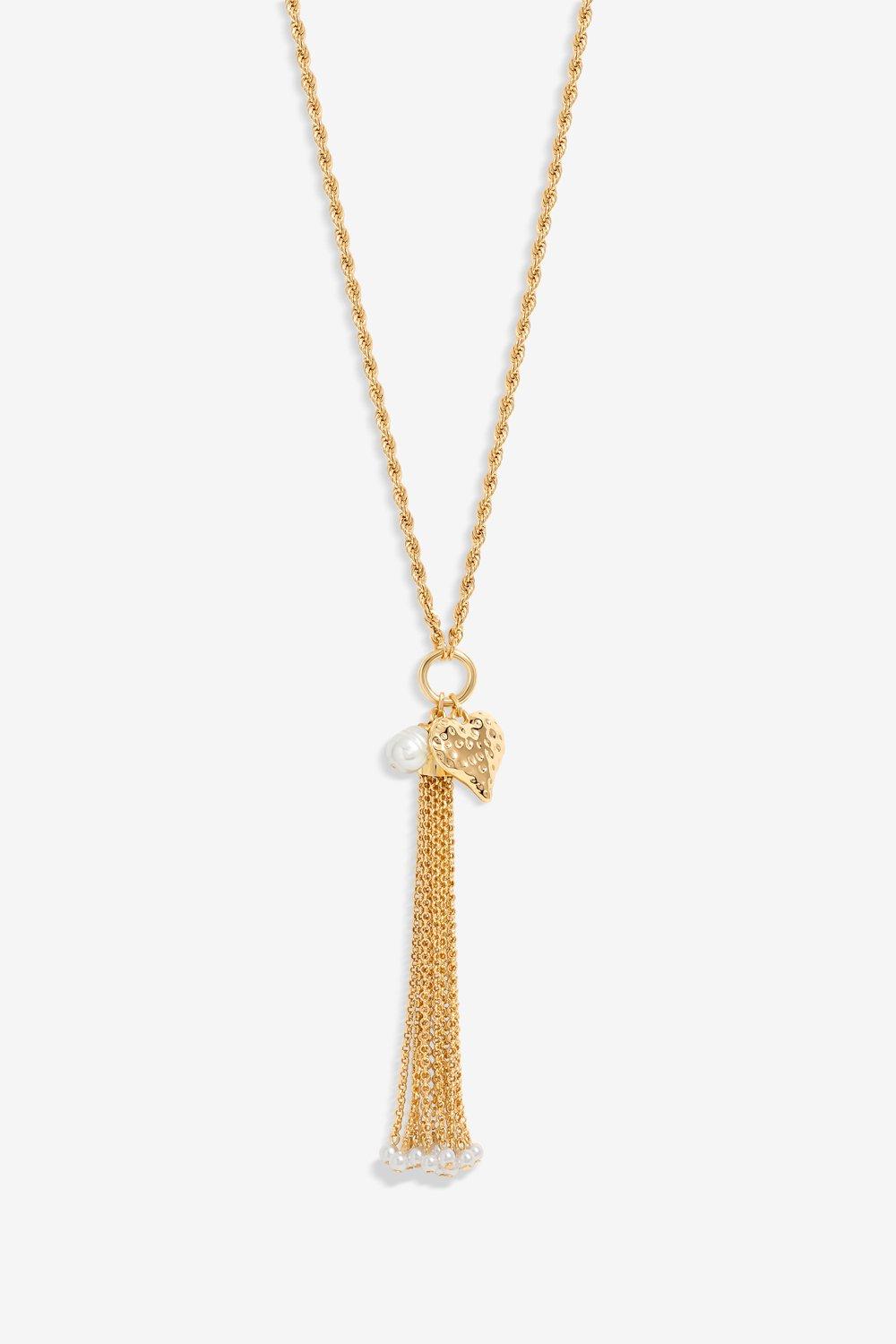 Mood Gold Gold Hammered Heart Pearl Chain Long Pendant Necklace ...