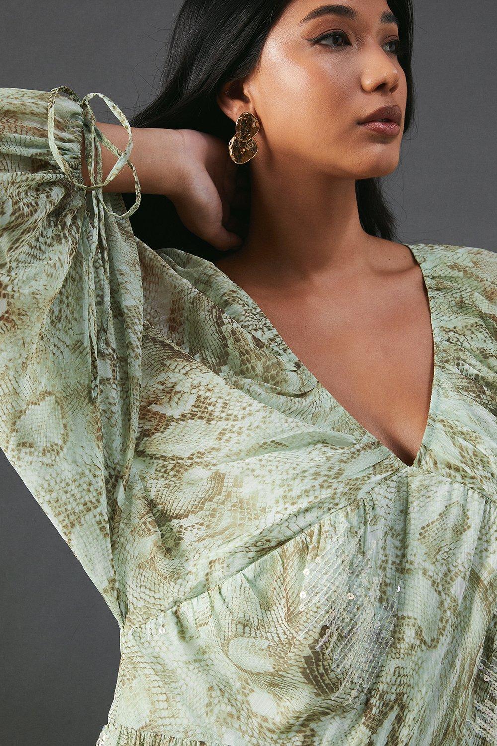 Warehouse Lime Sequin Snake Embellished Volume Sleeve Mini Smock Dress ...