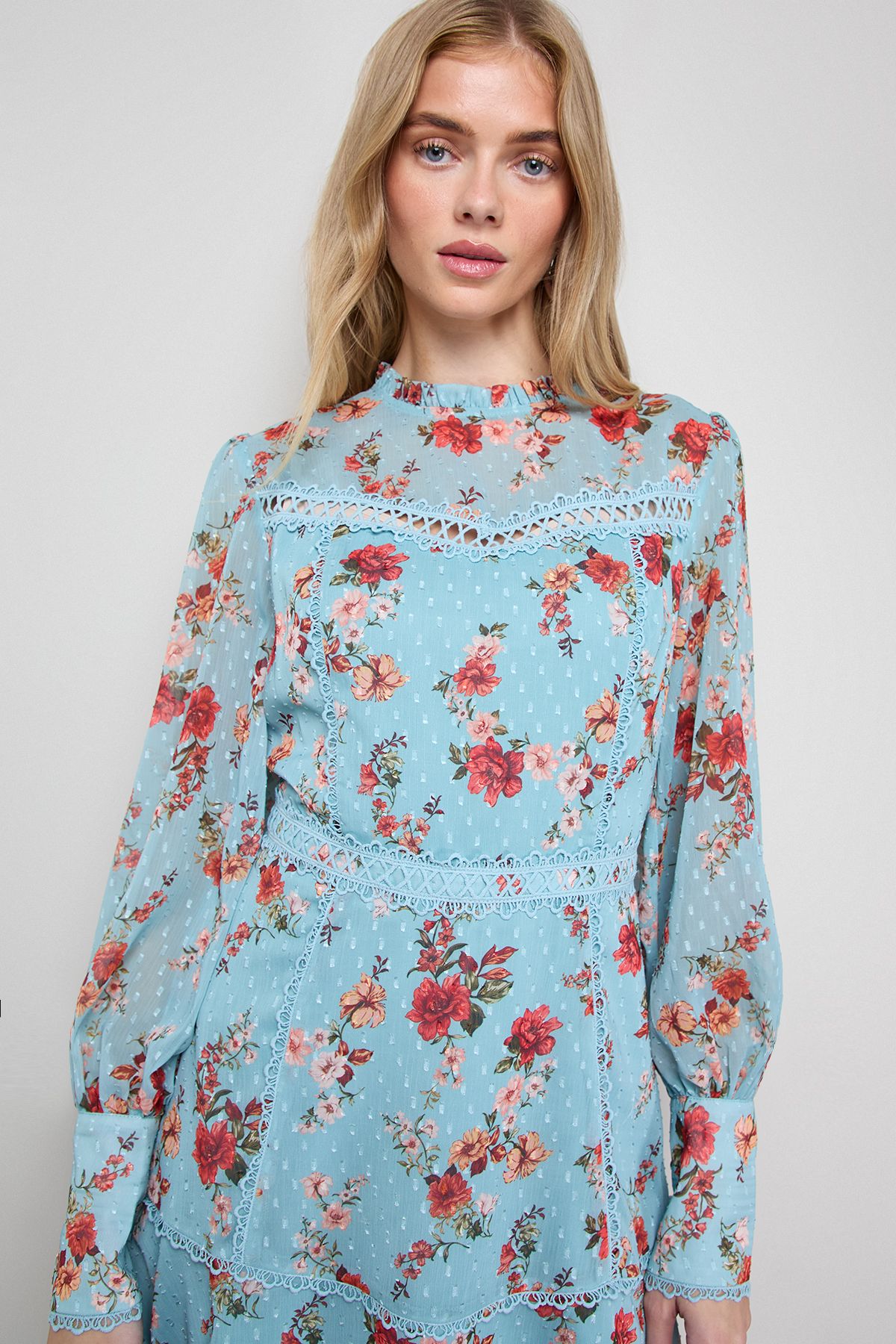 Oasis Blue Printed Lace Trim Long Sleeve Flippy Mini Dress | PLT