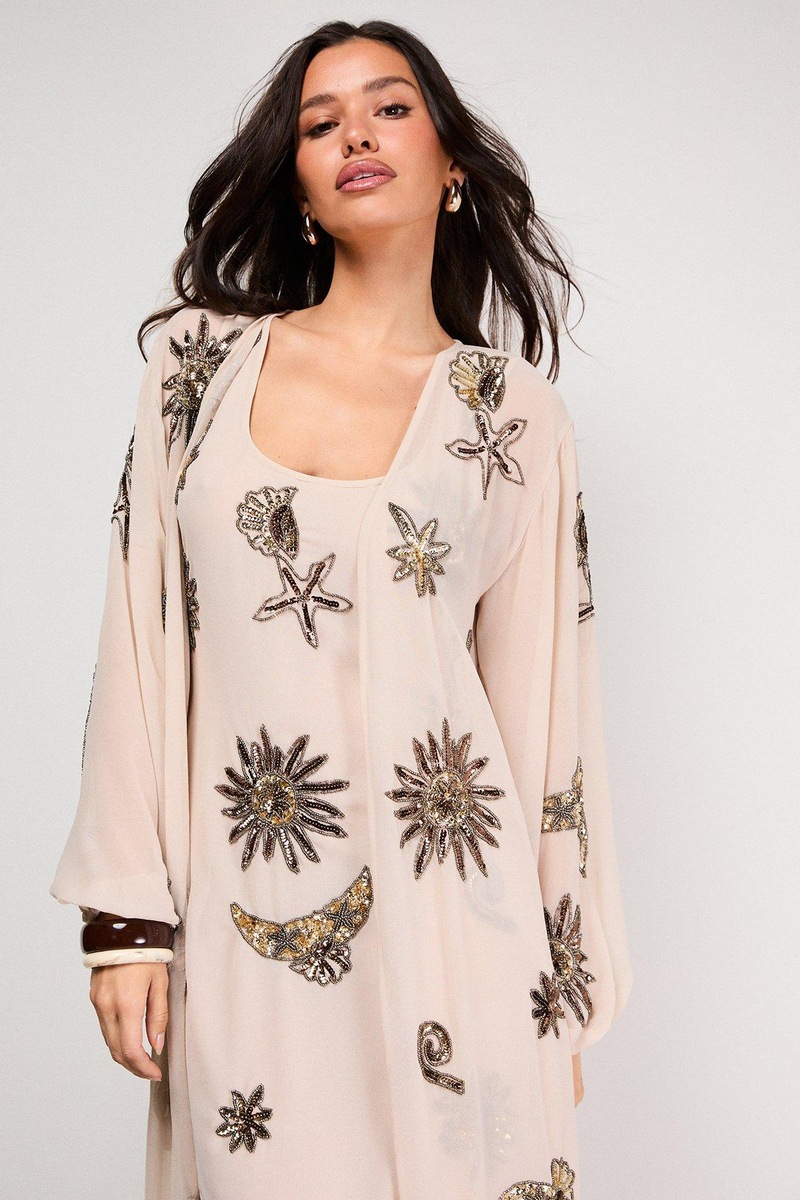 Warehouse Ivory Hand Embellished Celestial Fringe Hem Kimono | PLT