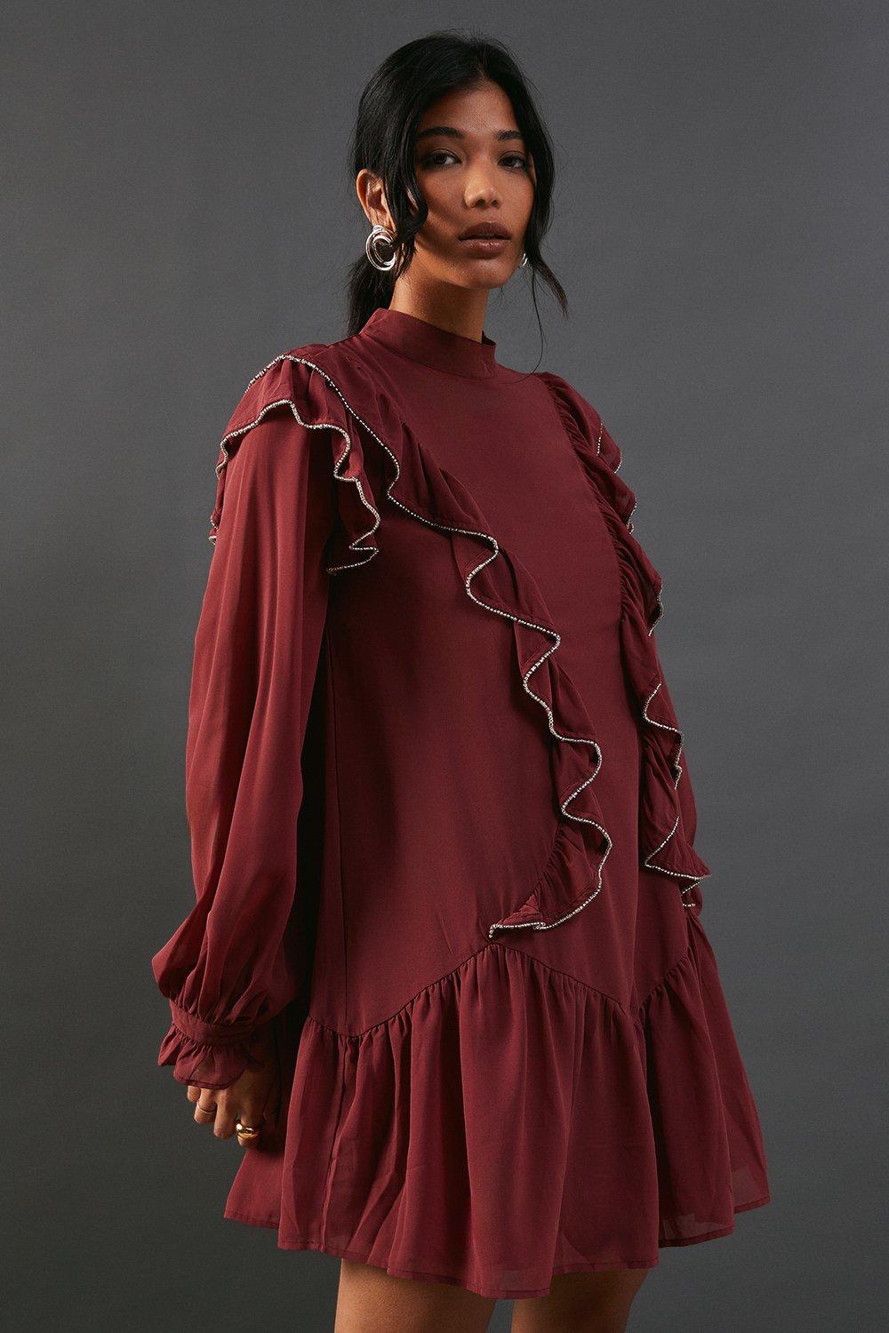 Warehouse Burgundy Hand Embellished Sequin Ruffle Mini Smock Dress | PLT