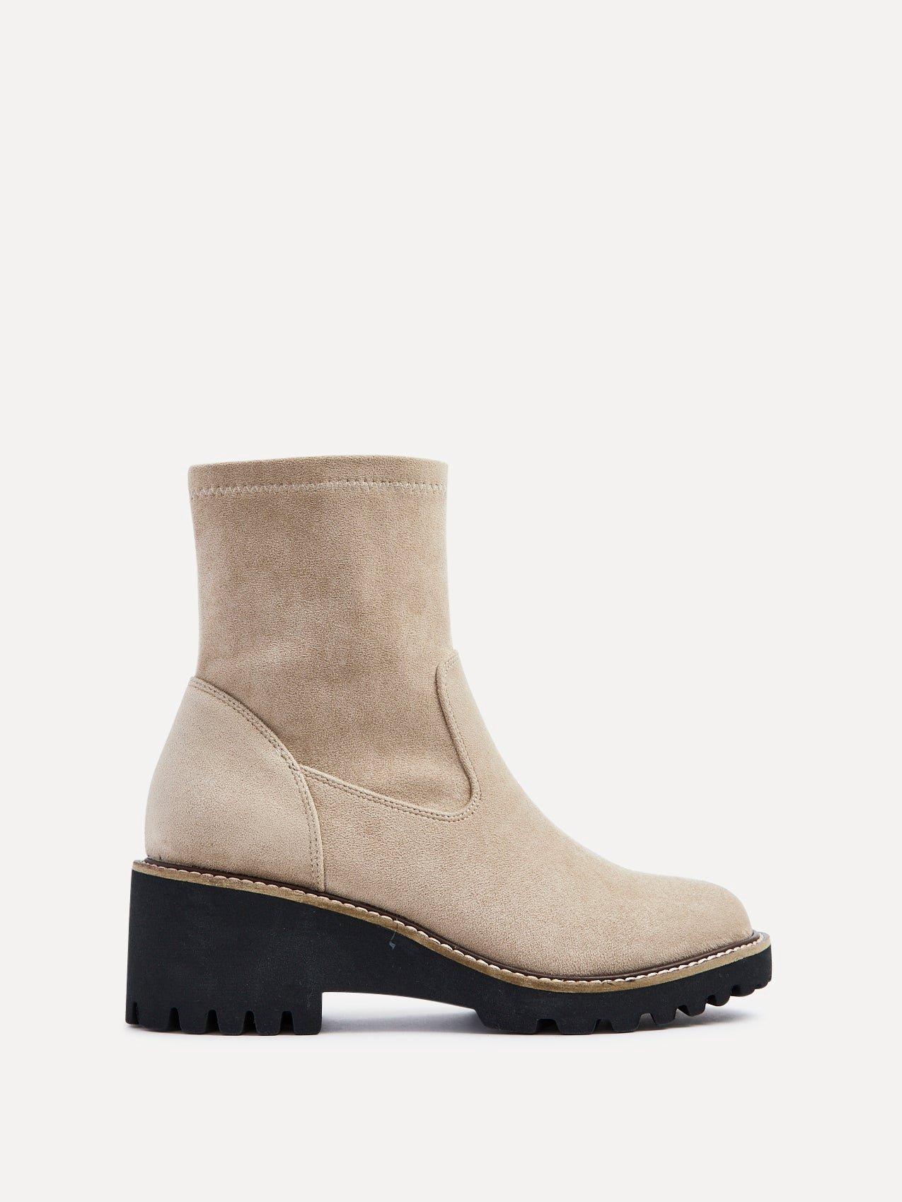 Linzi Beige Trish Beige Faux Suede Wedged Heel Ankle Boot | PLT