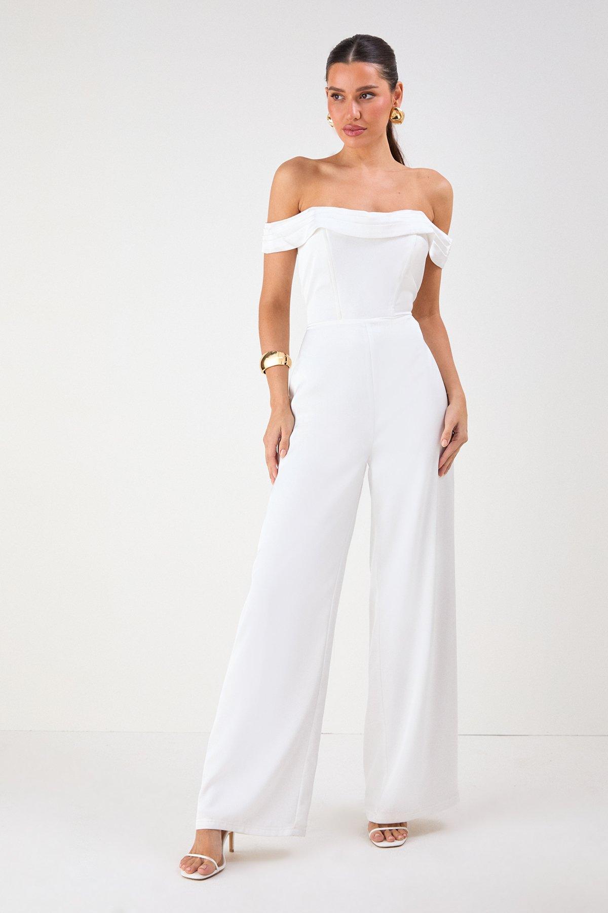 MissPap Ivory Satin Bardot Wide Leg Jumpsuit | PLT