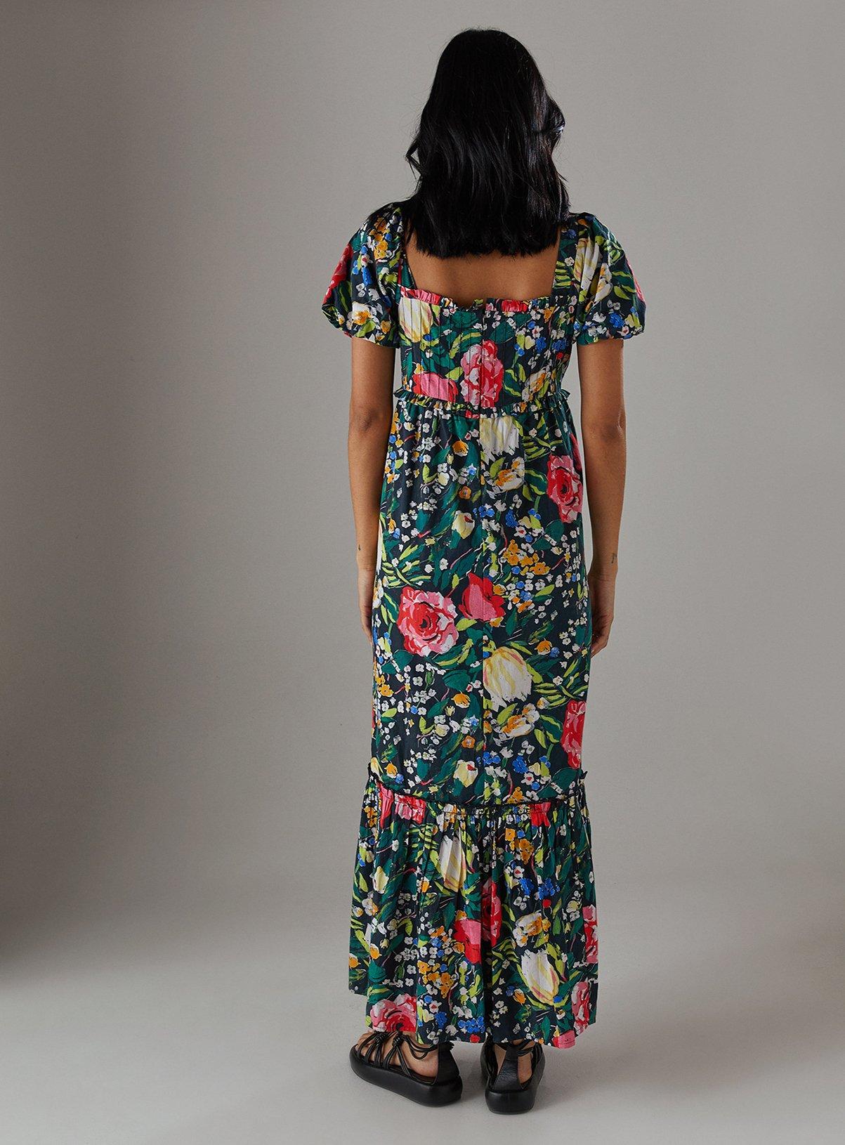 Warehouse Floral Poplin Pintuck Bodice Square Neck Midi Smock Dress ...