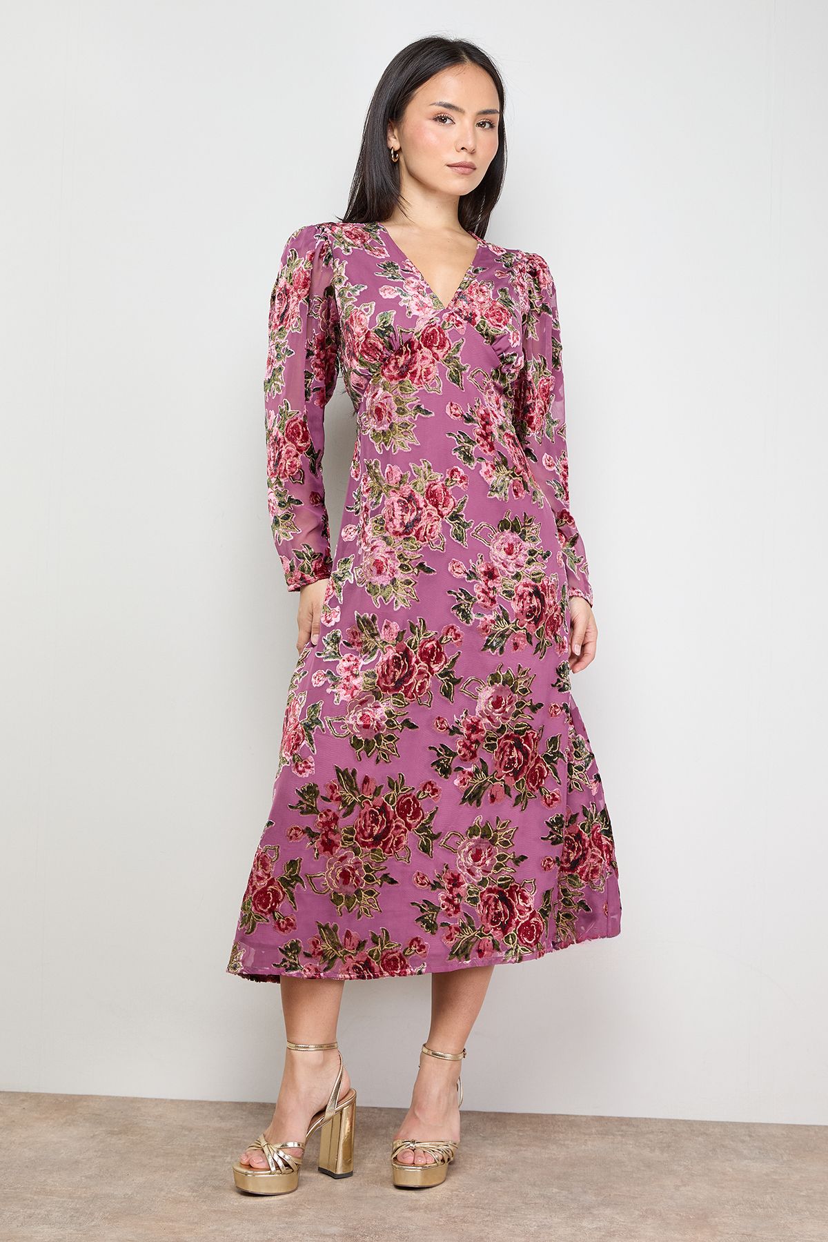 Oasis Rose Petite Devore Puff Sleeve Bias Tea Dress | PLT