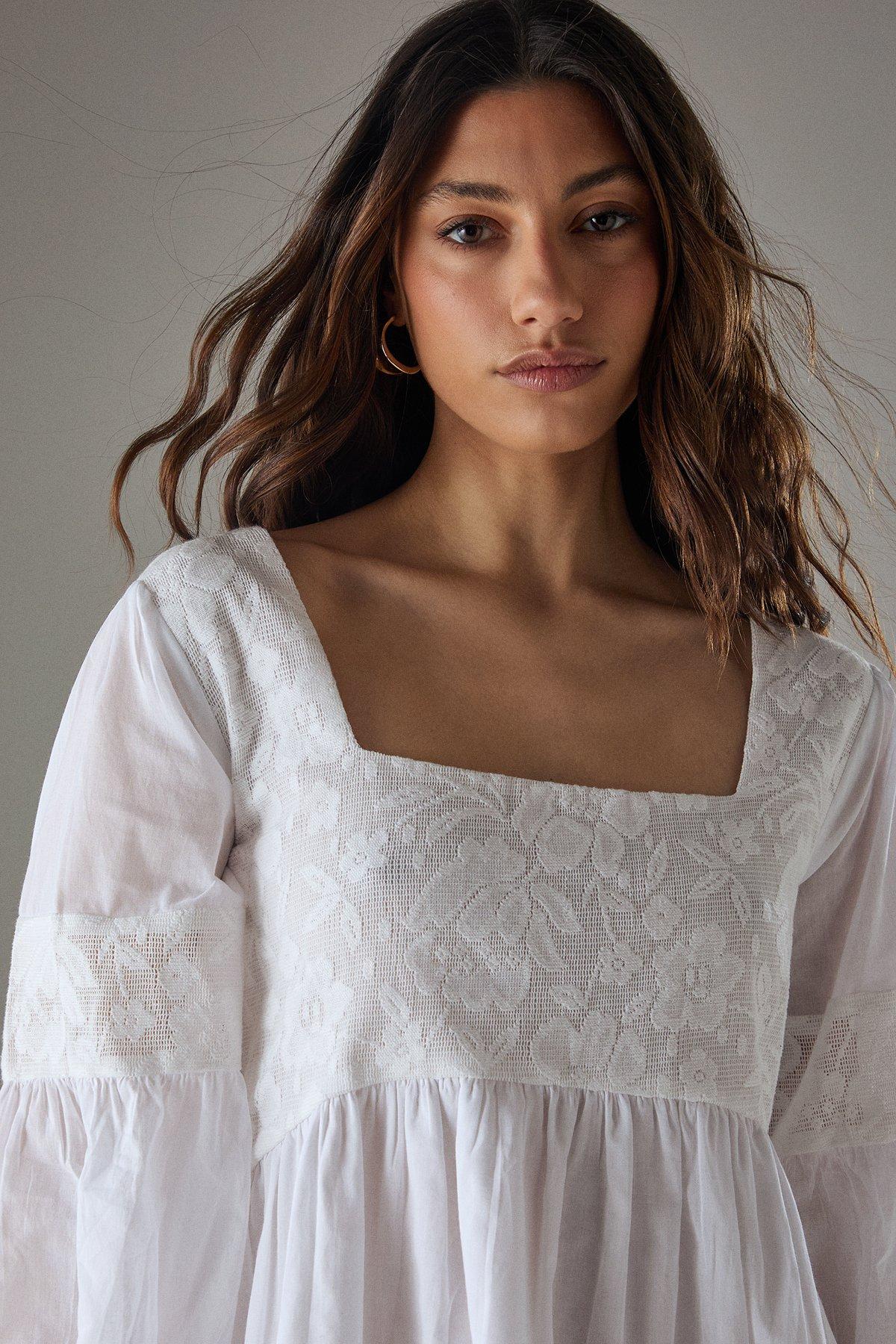 Warehouse White Tablecloth Trim Square Neck Mini Smock Dress ...