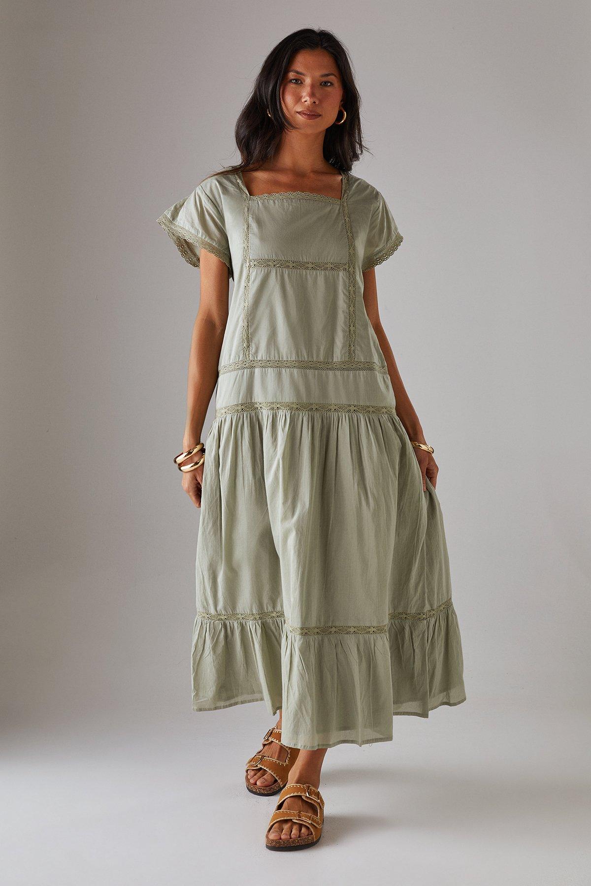 Warehouse Khaki Cotton Lace Square Neck Midi Smock Dress ...