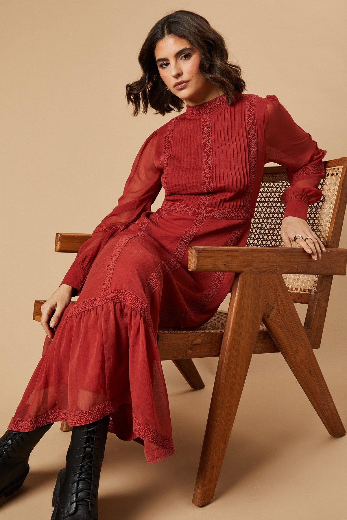Oasis Rust Plain Lace Trim Detail Maxi Dress | PLT