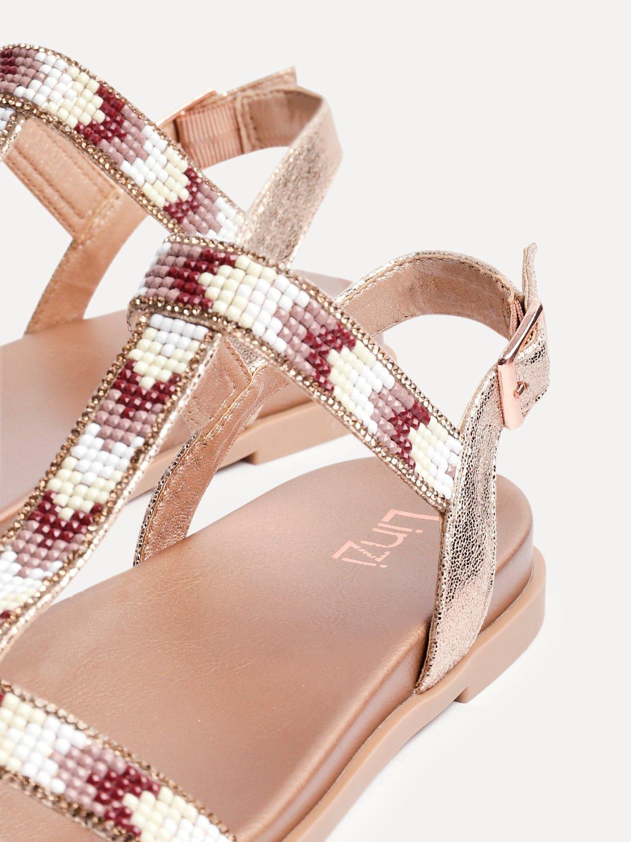 Linzi Rose Gold Sandie Rose Gold Faux Leather T-Bar Embellished Flat ...