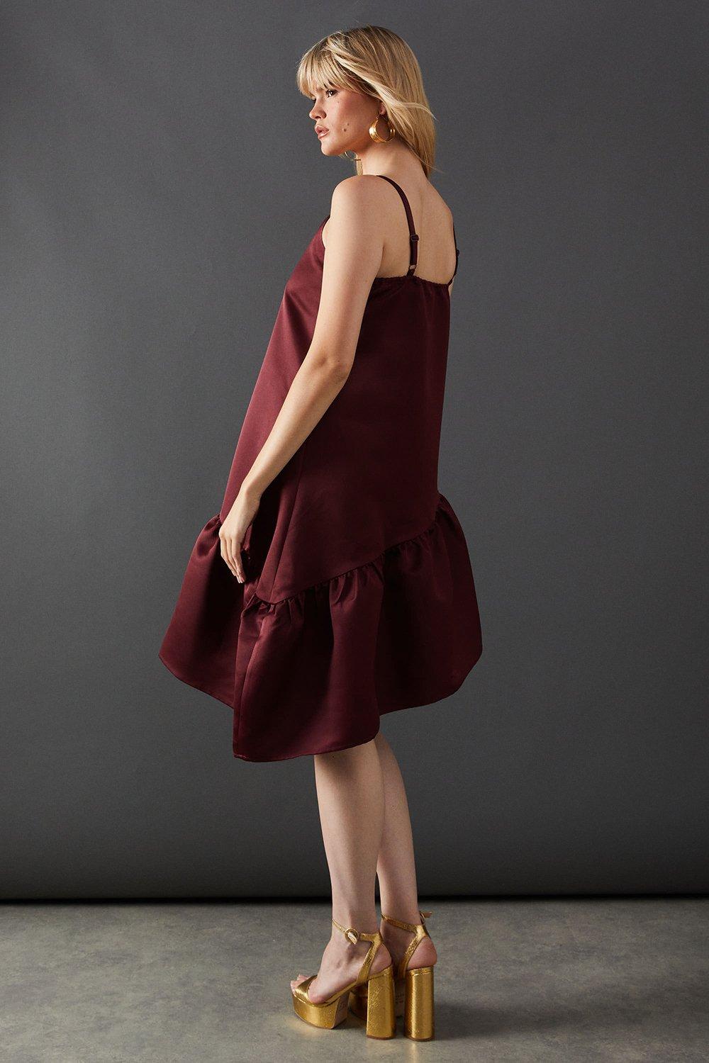 Warehouse Dark Red Satin High Neck Asymmetric Smock Dress | PLT