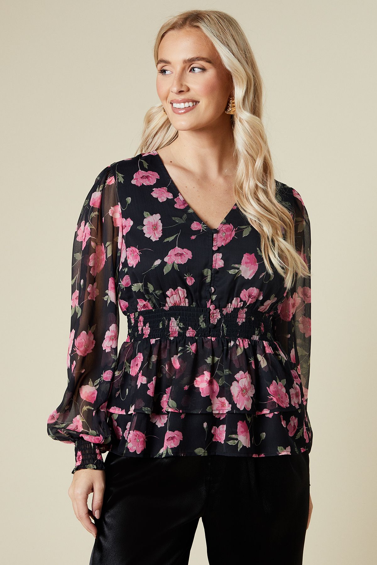 Dorothy Perkins Black Large Pink Floral Button Front Double Ruffle ...