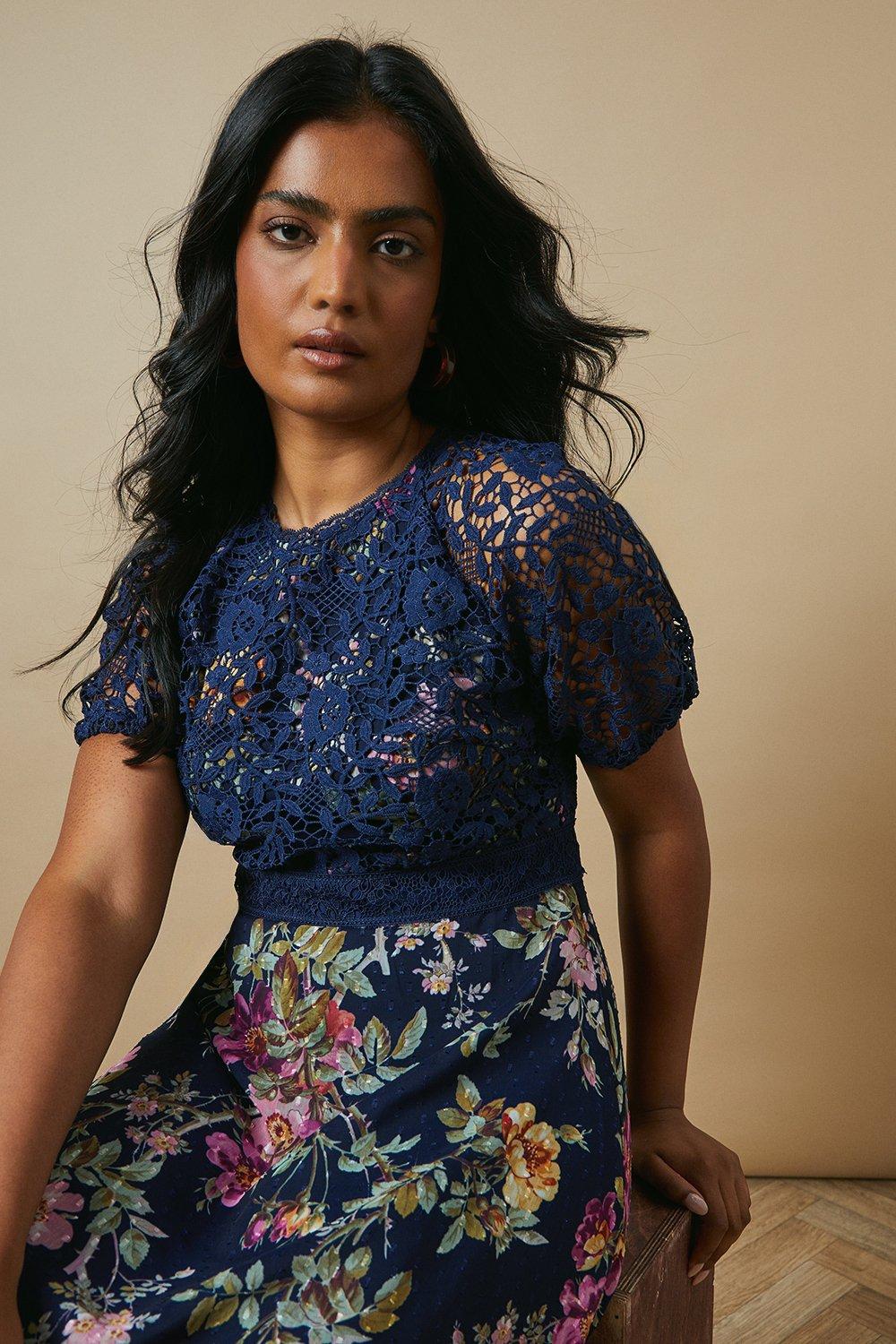 Oasis Navy Petite Occasion Floral Lace Bodice Midi Dress ...