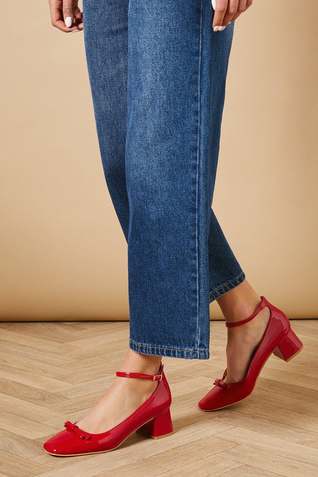 Oasis Red Debbie Faux Patent Leather Bow Detail Low Block Heel Court ...