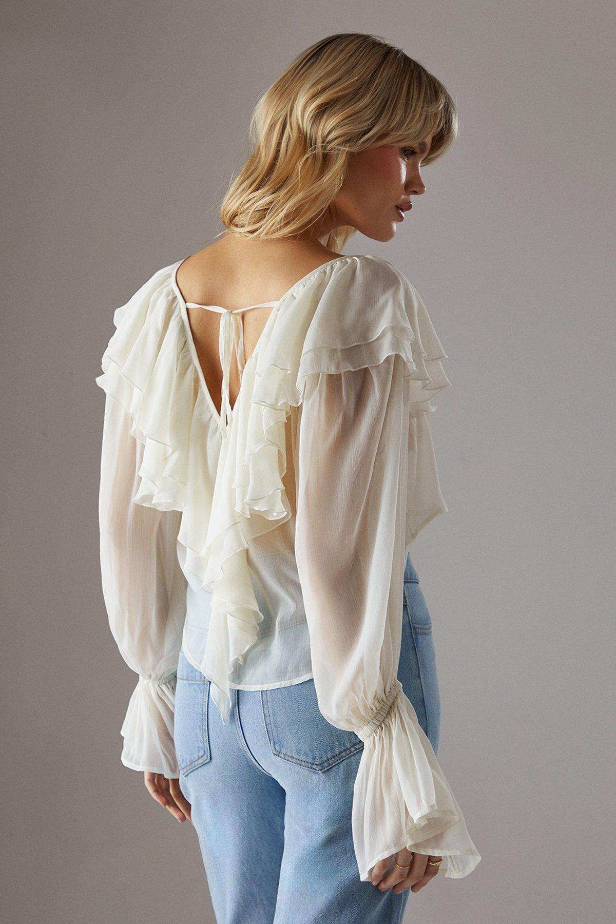 Warehouse Ivory Chiffon Double Ruffle Boho Blouse | PrettyLittleThing