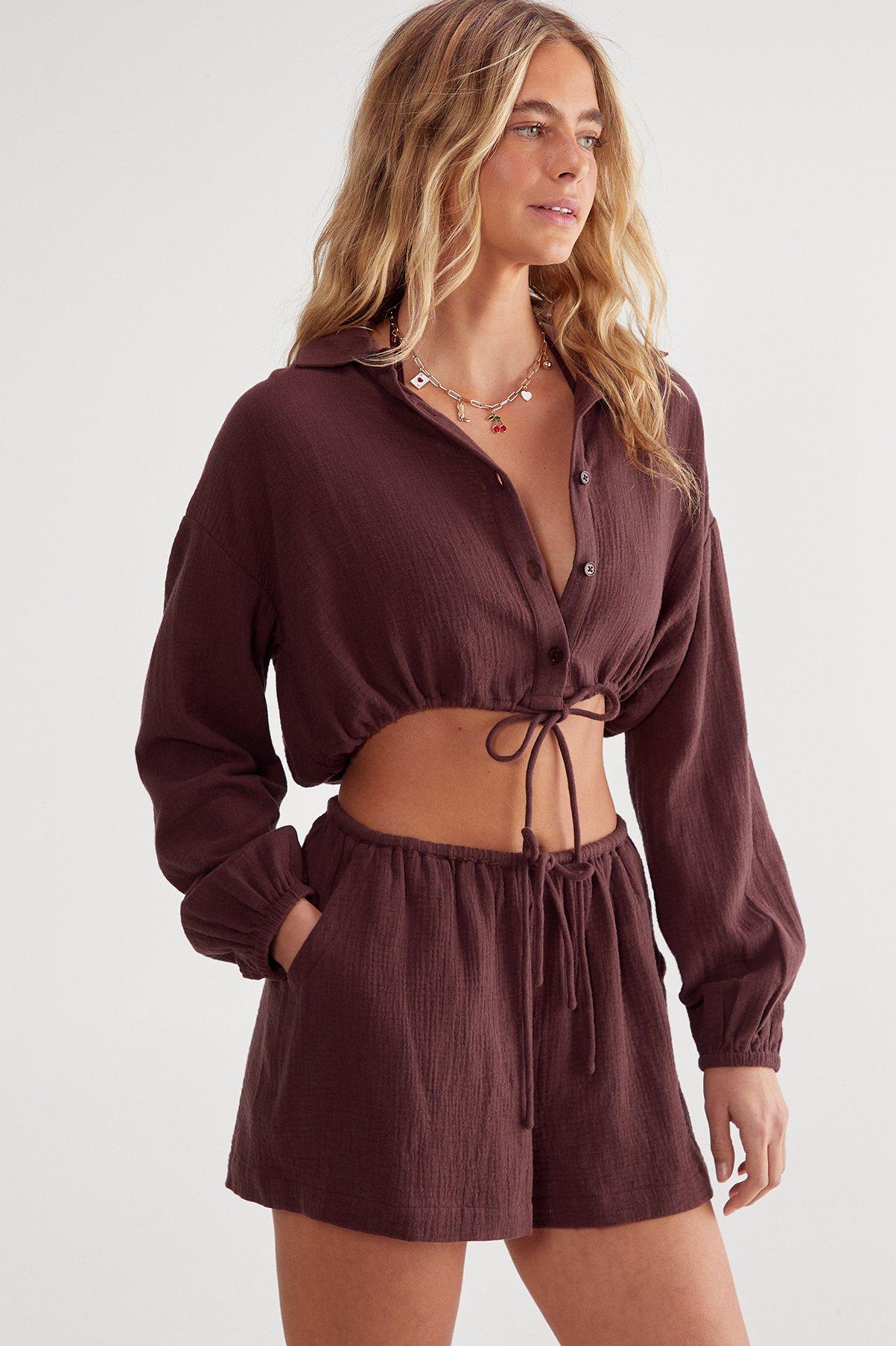 NastyGal Chocolate Double Gauze Tie Front Shirt And Short Set | PLT