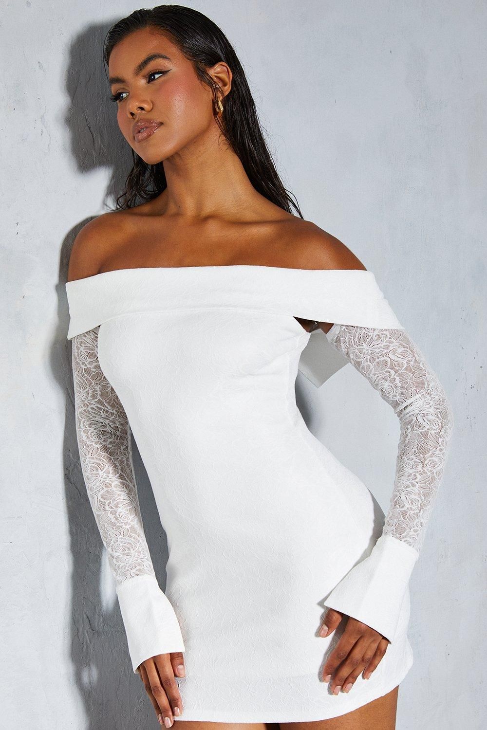 MissPap White Lace Bardot Cuff Detail Bodycon Mini Dress | PLT