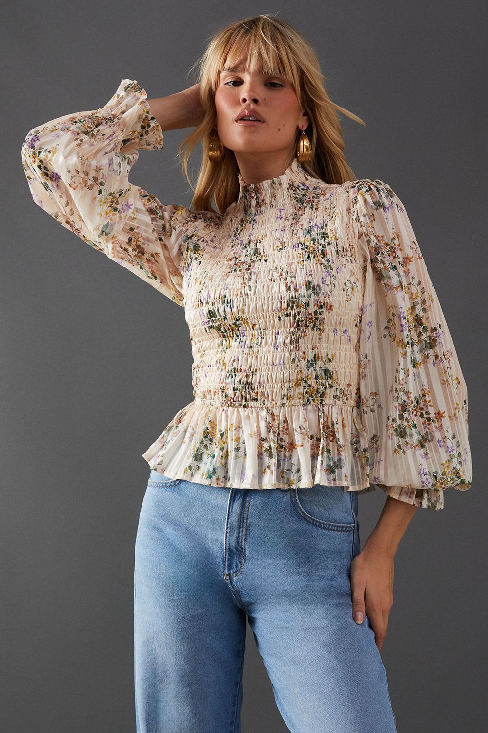 Warehouse Multi Satin Shadow Stripe Shirring Peplum Hem Top | PLT