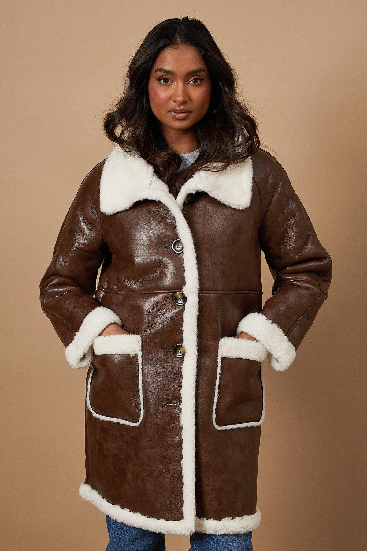 Oasis Tan Pu Bonded Shearling Coat | PrettyLittleThing