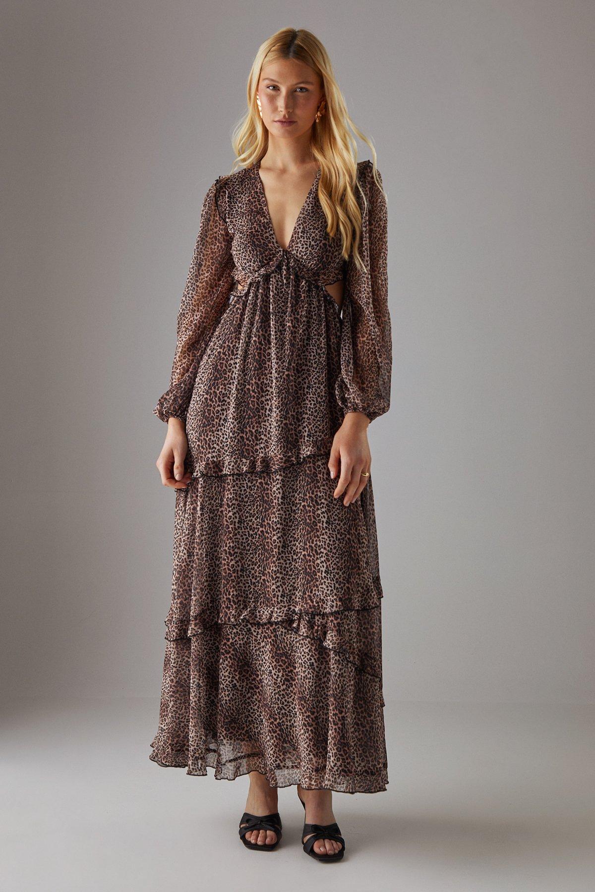 Warehouse Animal Chiffon Cut Out Waist Ruffe Maxi Dress | PLT