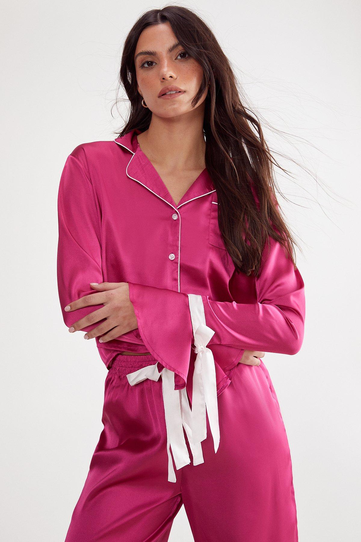 NastyGal Plum Satin Contrast Tie Cuff Pajama Shirt And Pants Set ...